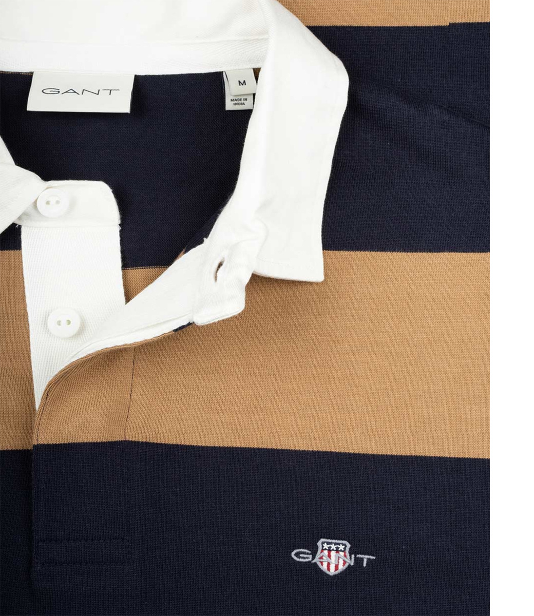 2005111 213 Gant donkerblauw beige heren streep rugby shirt sweater ...