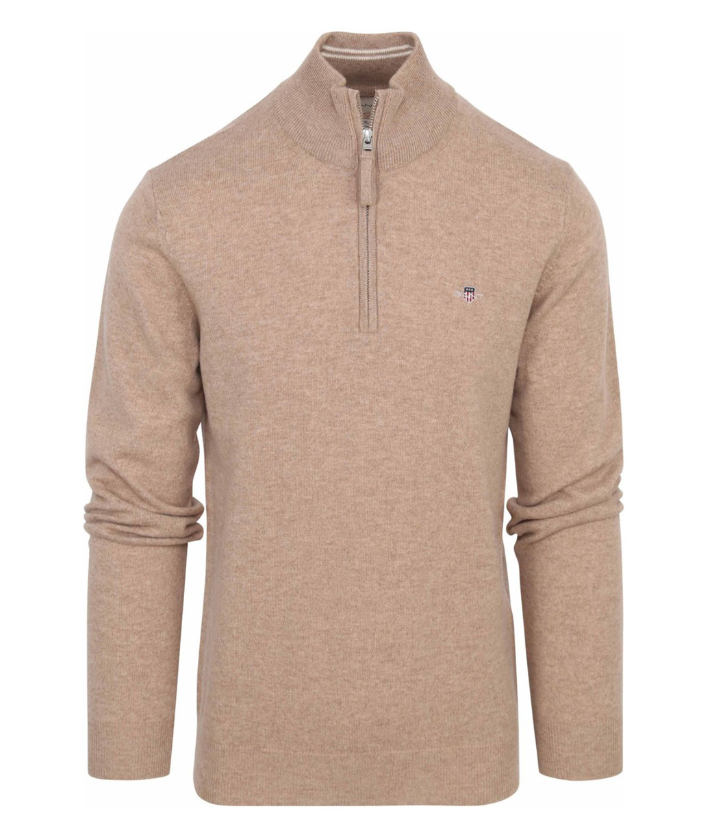 87213 295 Gant heren beige melange zipper trui ritsje lamswol ...