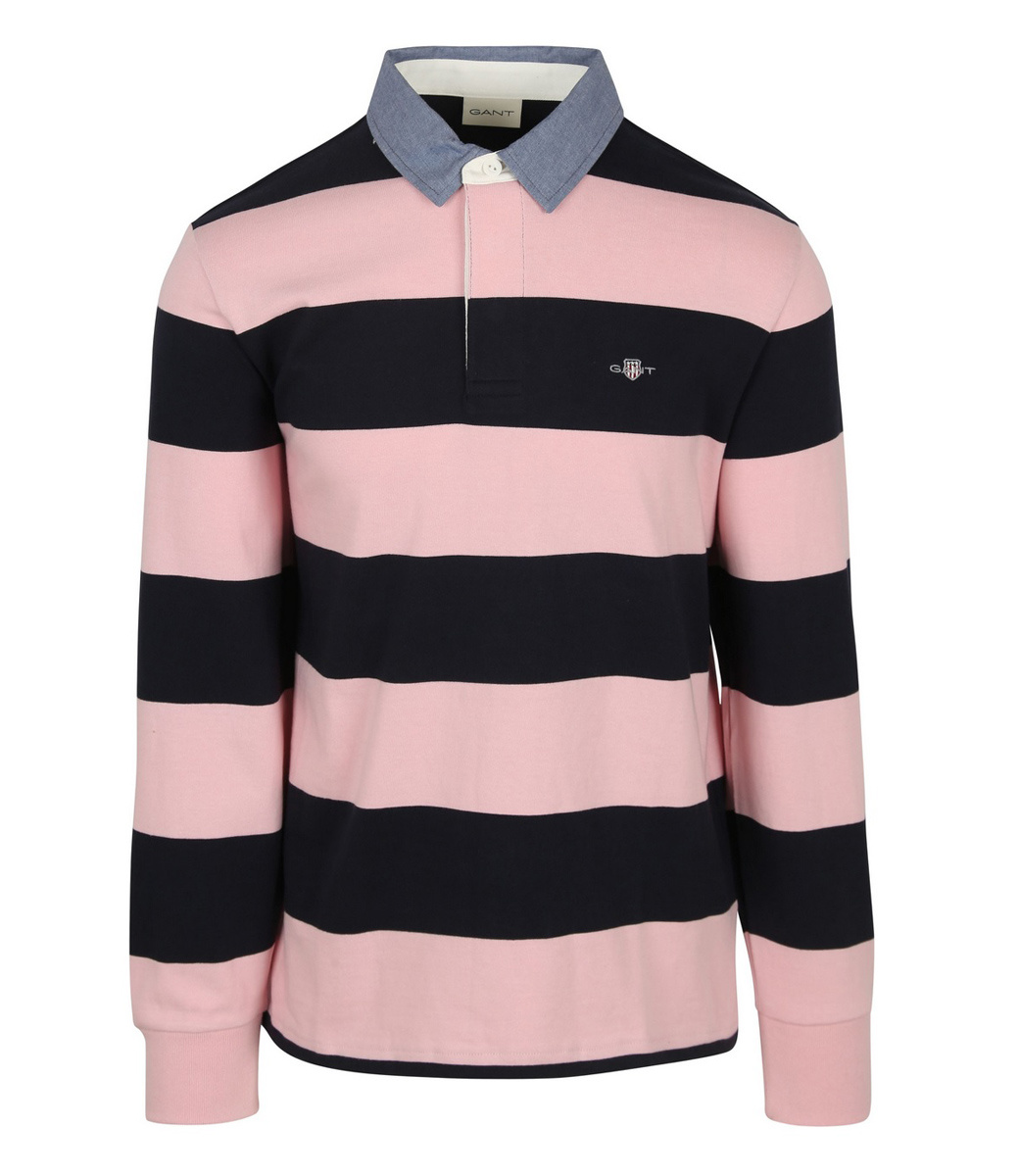 2004083-637 Gant donkerblauw roze heren streep rugby shirt sweater ...