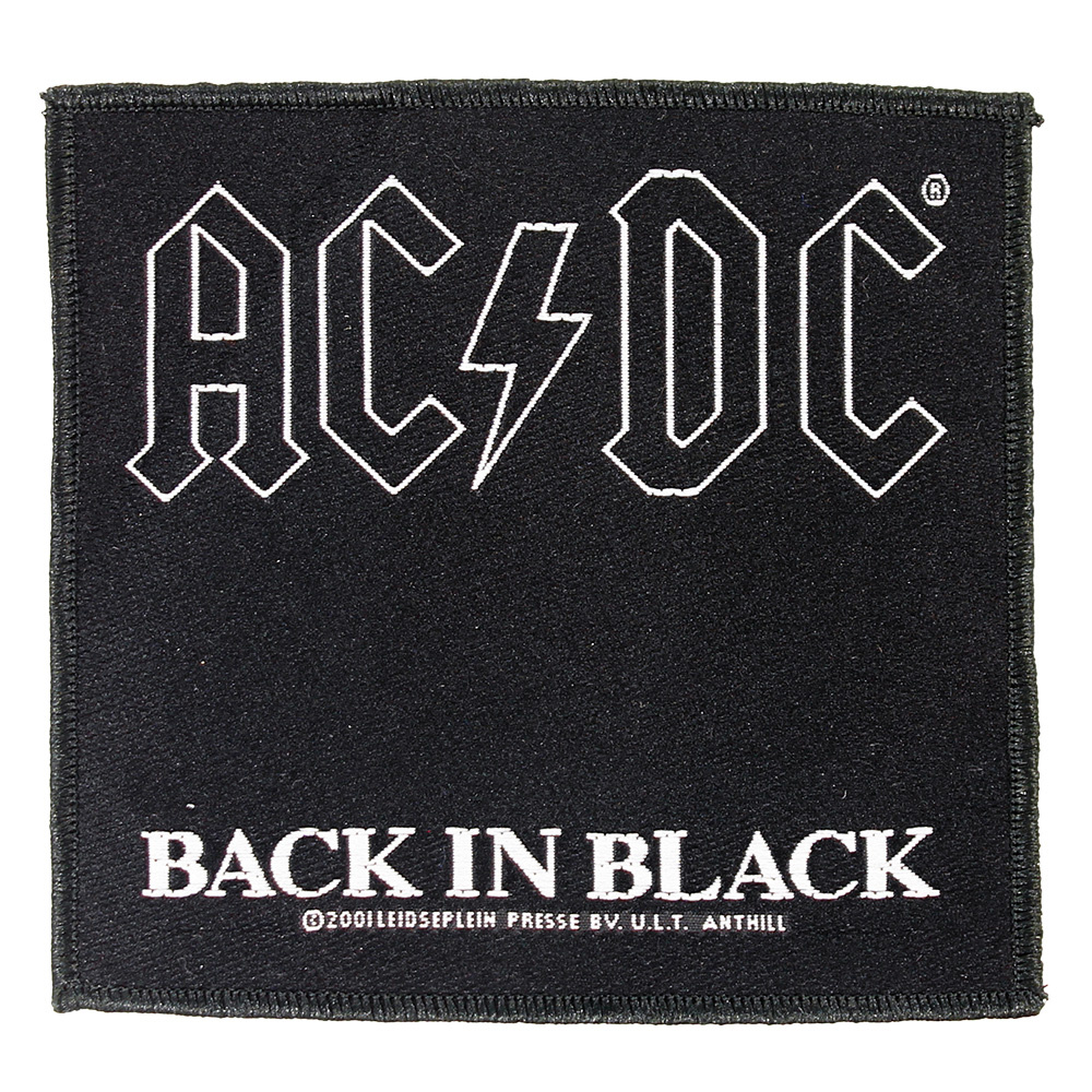 AC/DC Back In Black Logo Standard Woven Patch Embleem Zwart/Wit - Popmerch.com