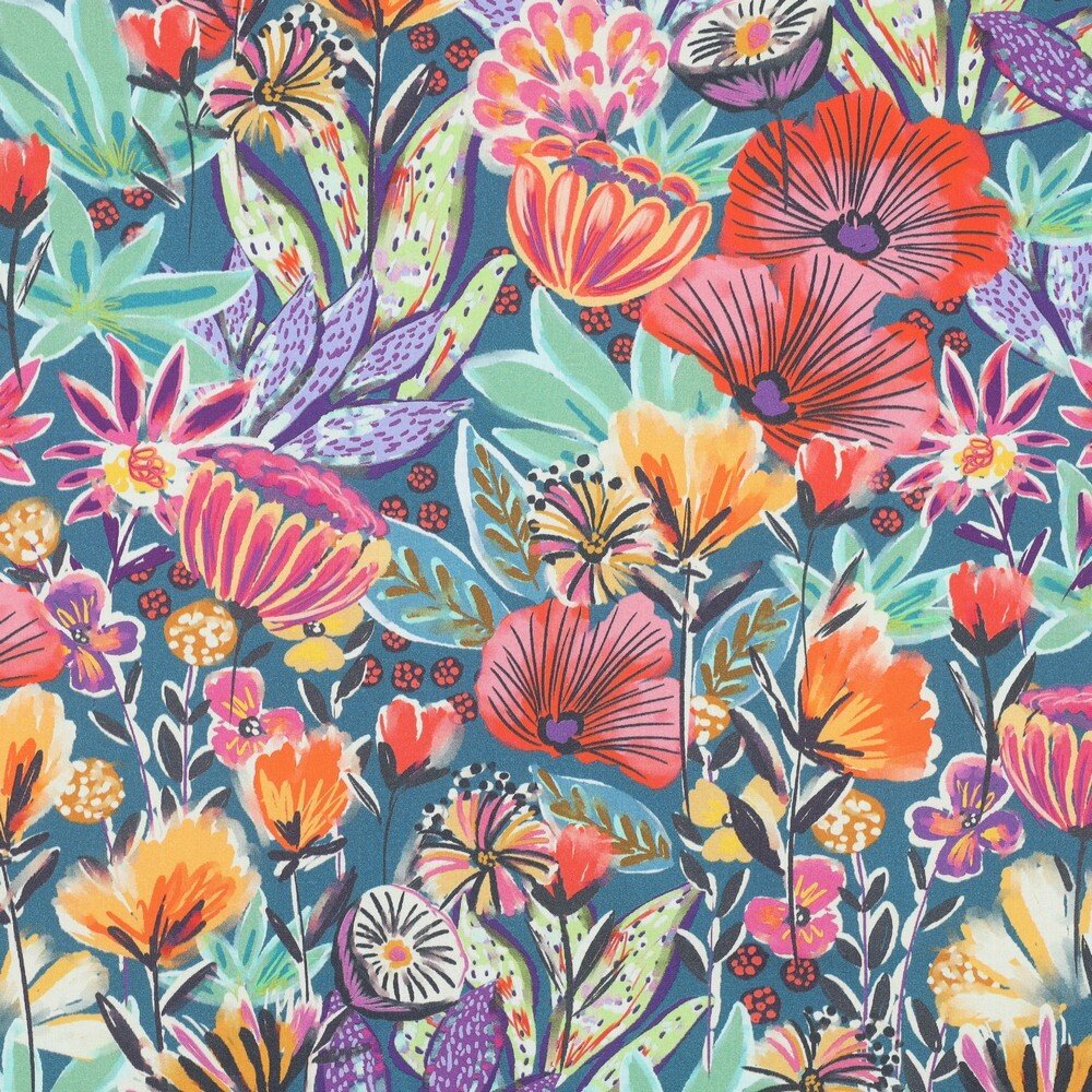 Katoen Poplin Stof Digitale Bloemenprint Petrol - Voor Hippe Outfits ...