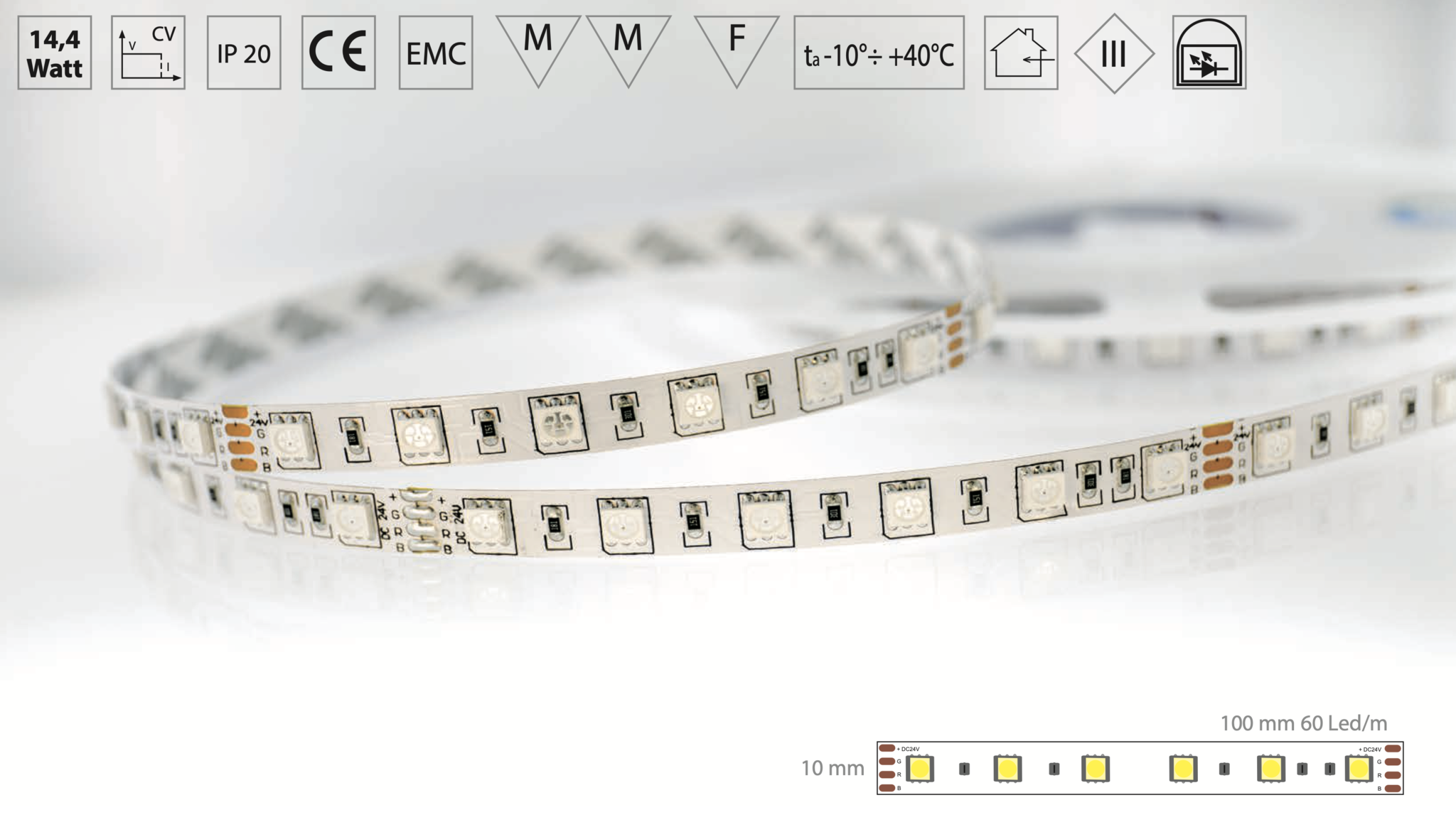 RGB 5050 LED strip 5meter 24Volt IP20 60 led/m14,4 Watt/m - R&M Lighting
