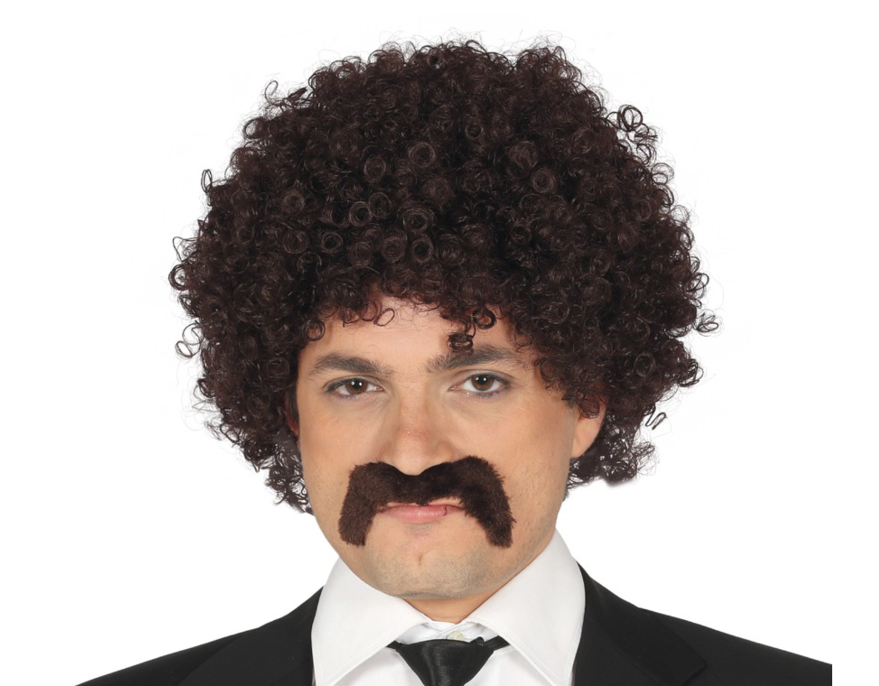 Bruine Pruik Krullen Snor - Partywinkel