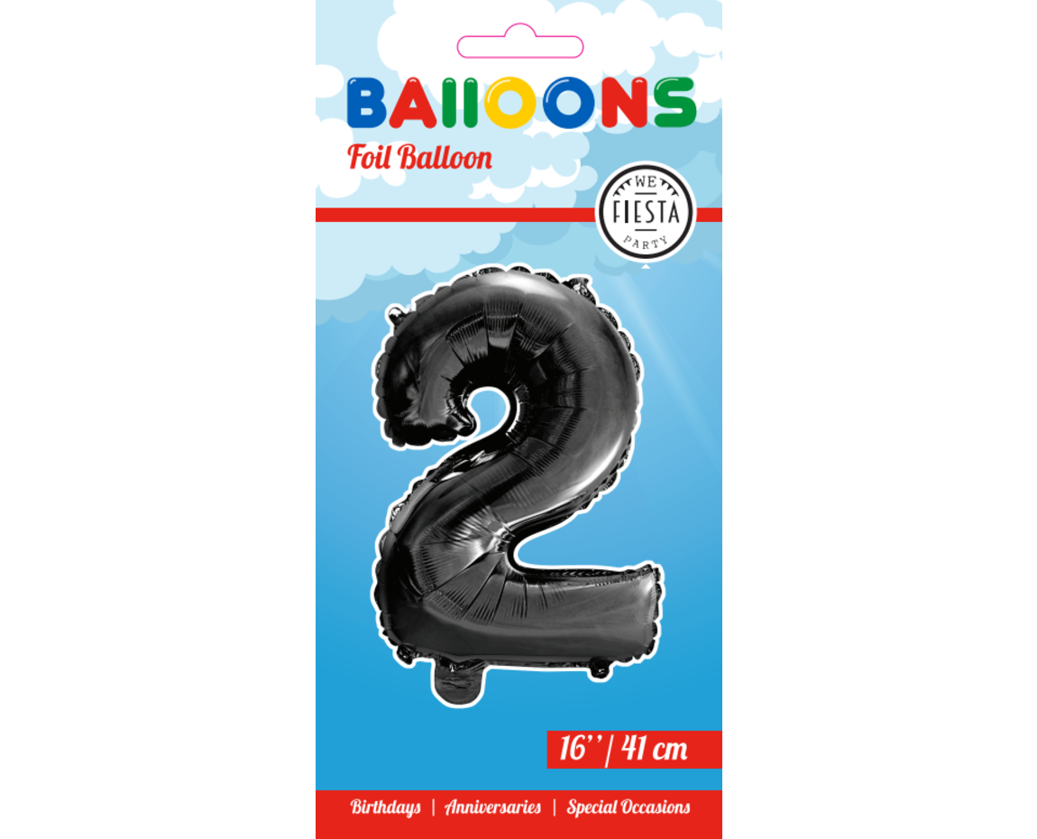 Folie Ballon Cijfer 2 Zwart 41cm met Rietje - Partywinkel