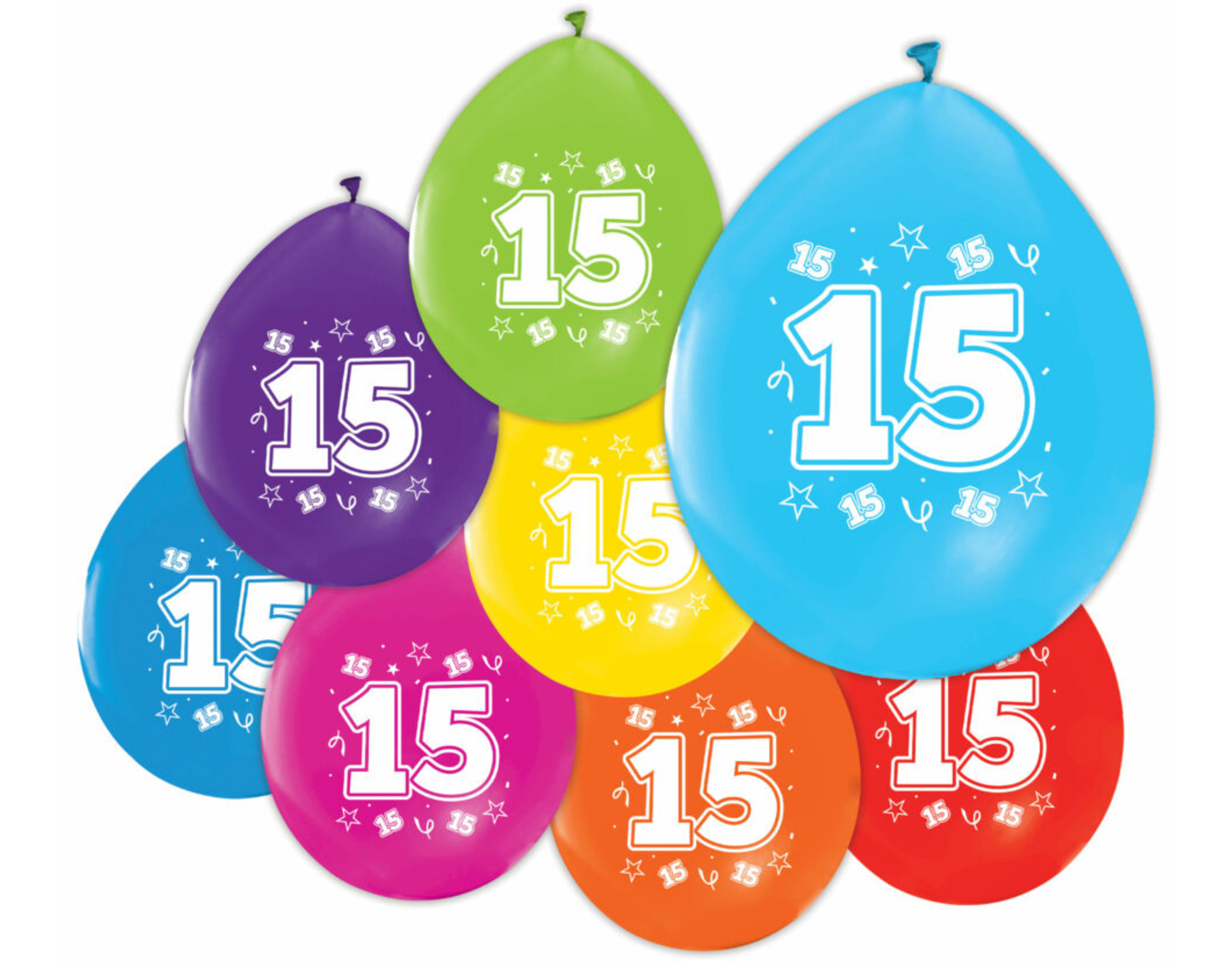 Gekleurde Ballonnen 15 Jaar 30cm 8st - Partywinkel