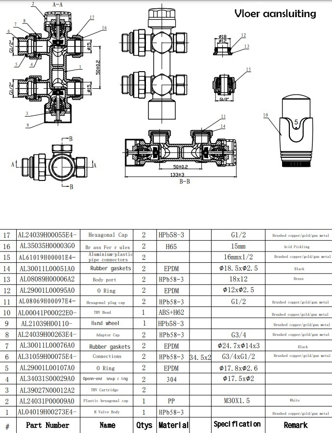 Thermostatisch Multi blok set - 16 mm - Gunmetal - Radiatordepot