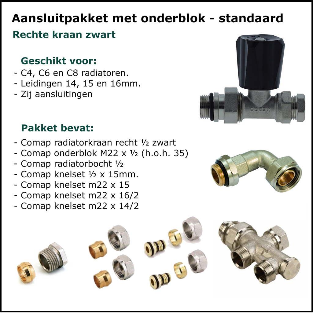 Set 6 - Aansluitset recht - Onderblok - Standaard - Zwart - Radiatordepot