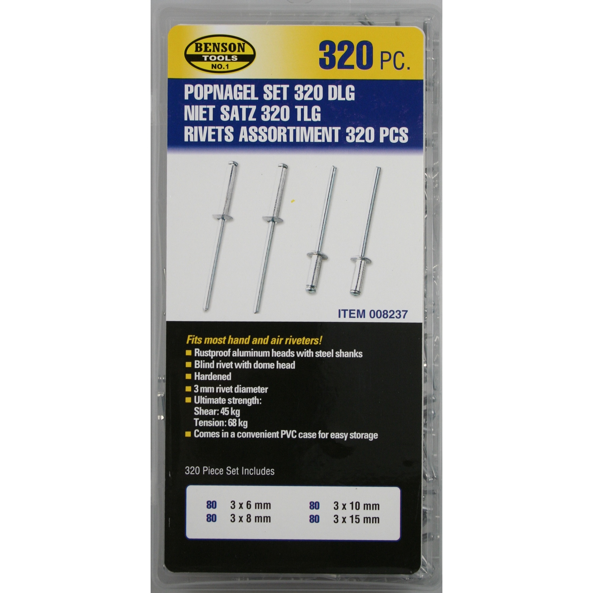 Benson 320-delige popnagelset - gehard staal en aluminium ...
