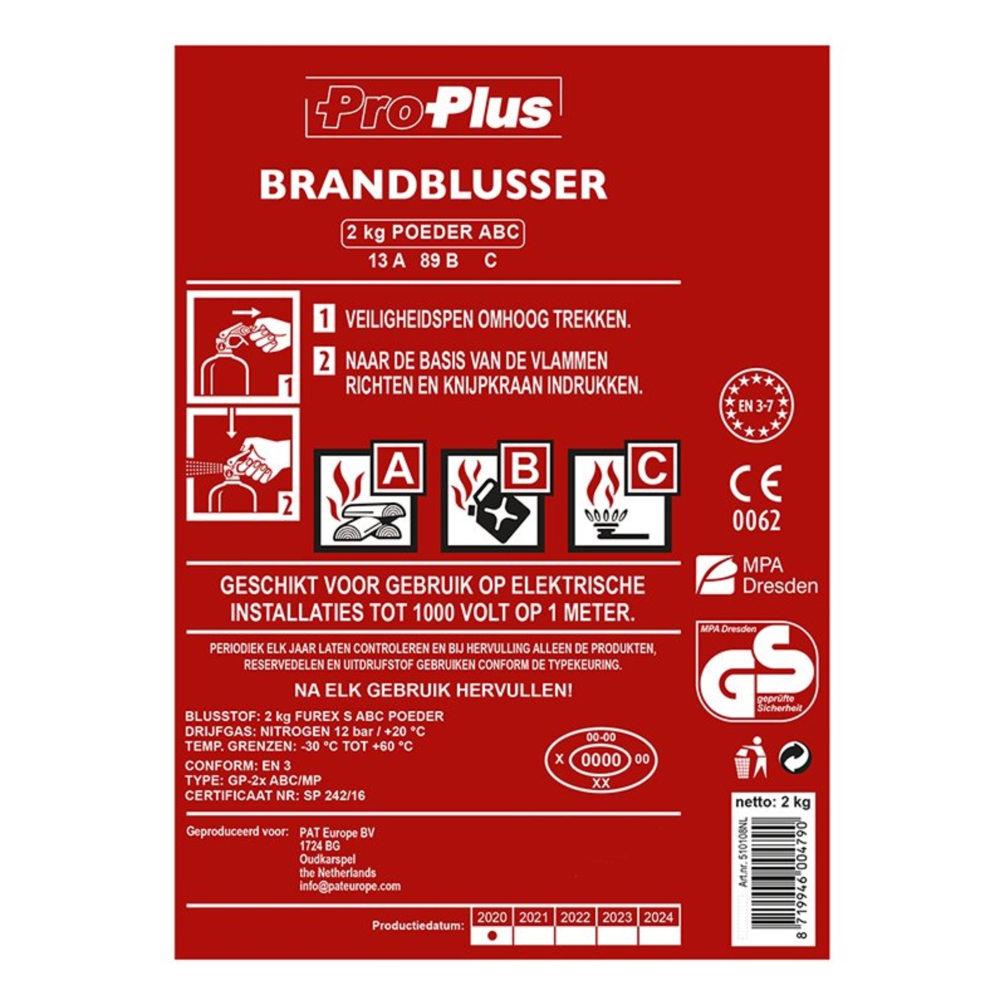 ProPlus Brandblusser met manometer - poeder - brandklasse ABC - 2 kg ...