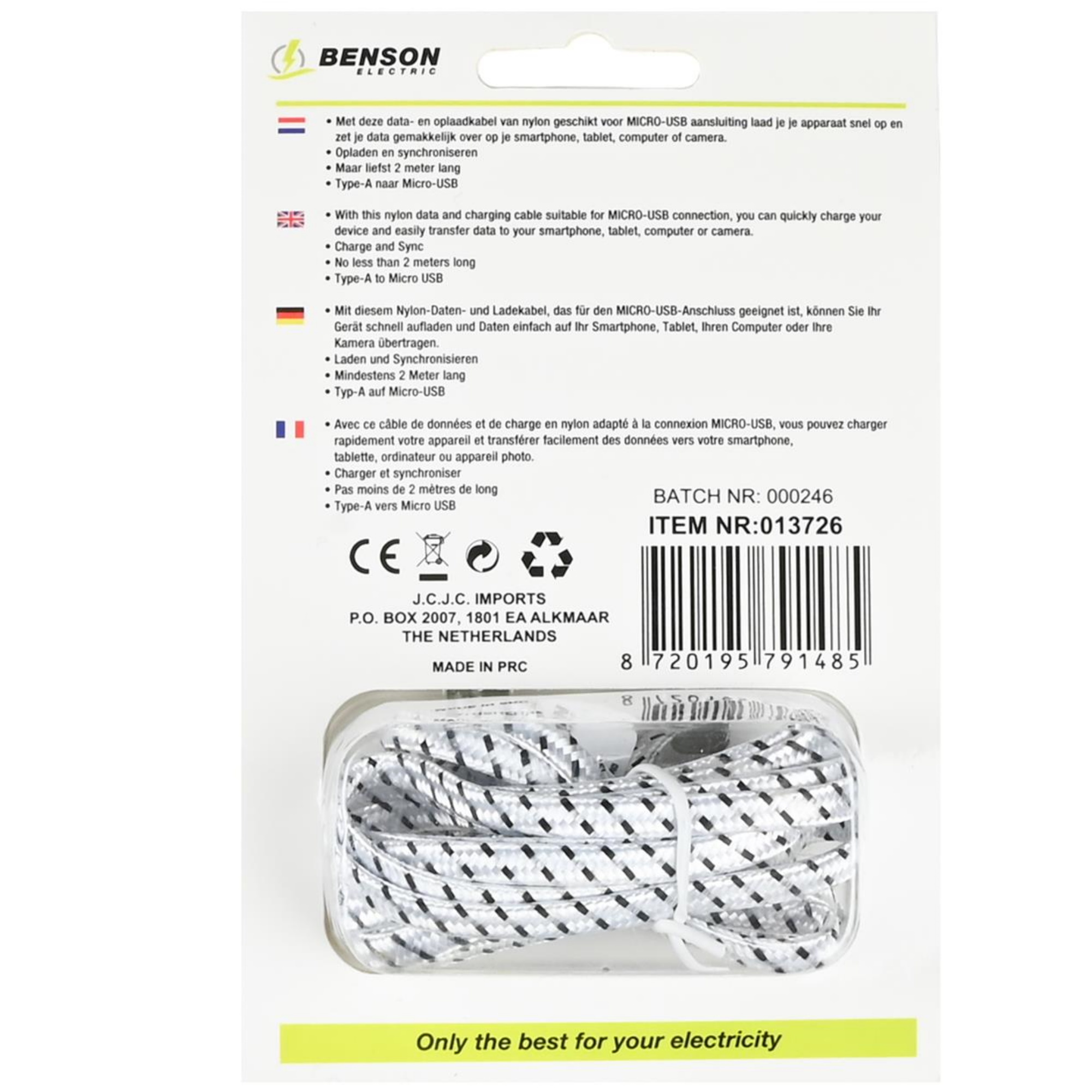 Benson USB naar Micro USB kabel - Nylon - 2 meter - Wit/Zwart - 2.1A ...