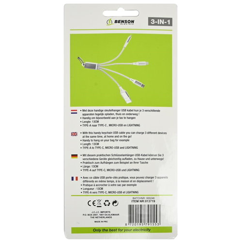 Benson Usb kabel 3-in-1 sleutelhanger 13 cm - 2Cheap