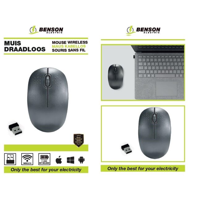 Benson Draadloze ergonomische mini-muis - compact - zwart - werkt op AA ...
