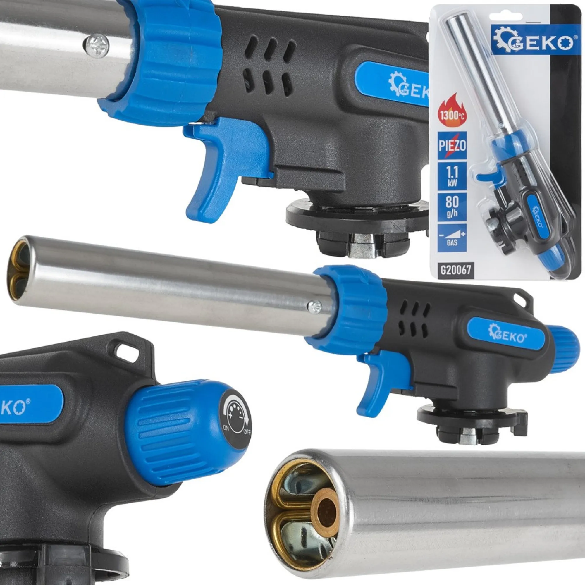 GEKO Gasbrander - Lang mondstuk - Piezo-ontsteking - Vlamregeling - 1,1 ...