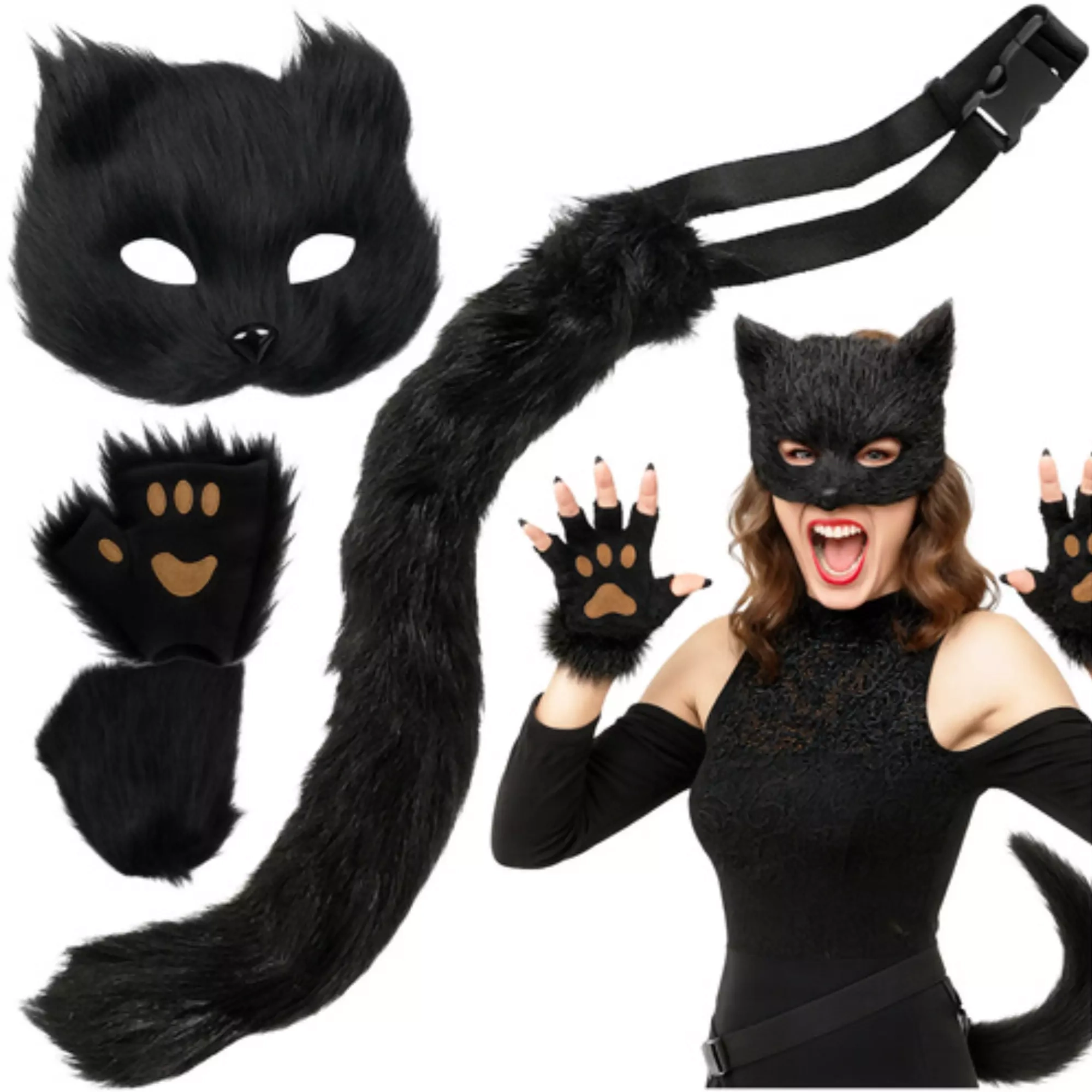 Zwarte verkleedset kat of vos – 4-delig masker, – Ruhhy - 2Cheap