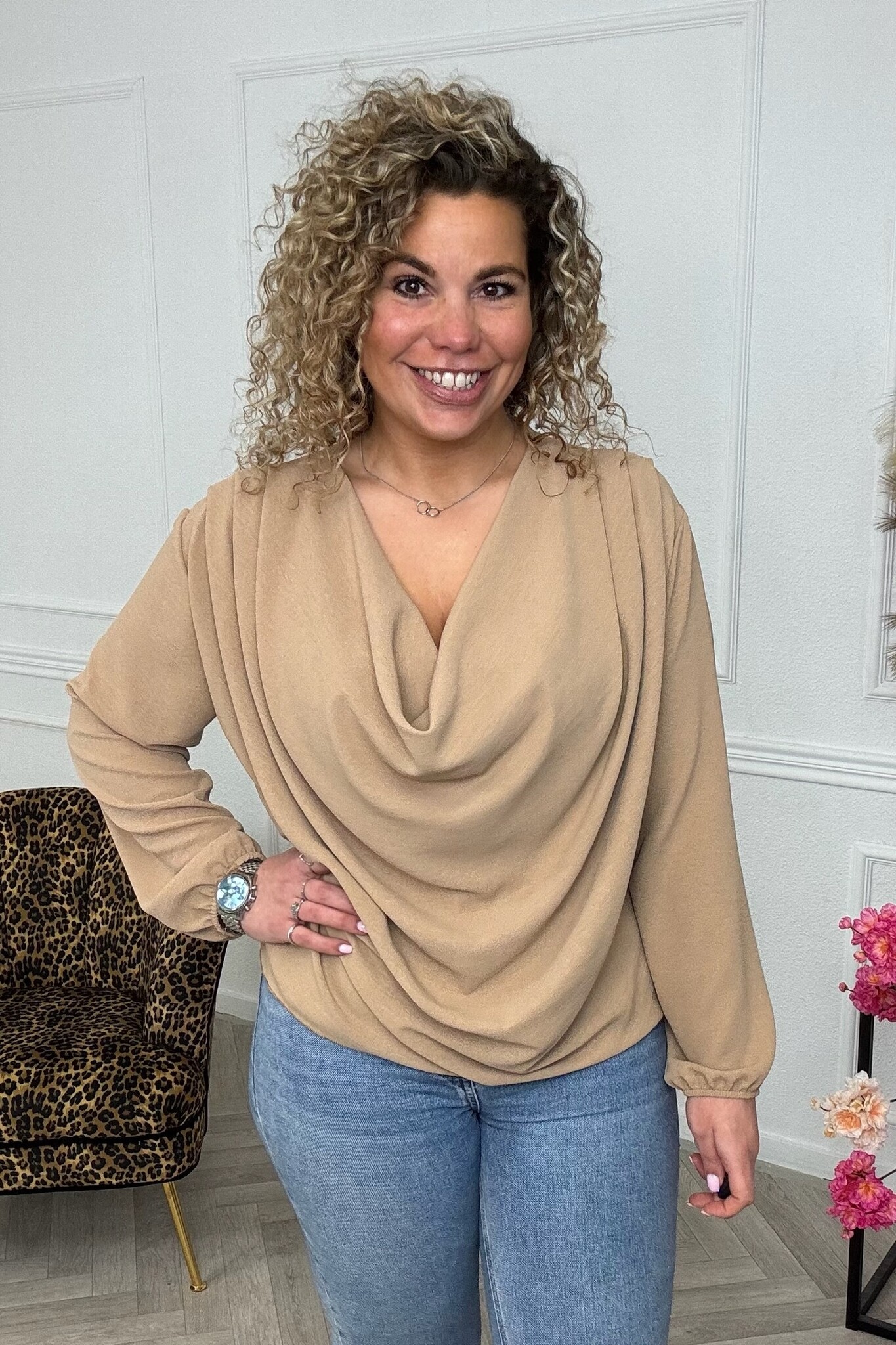 Long Sleeve Waterfall Top - Camel - Lots of Goodies