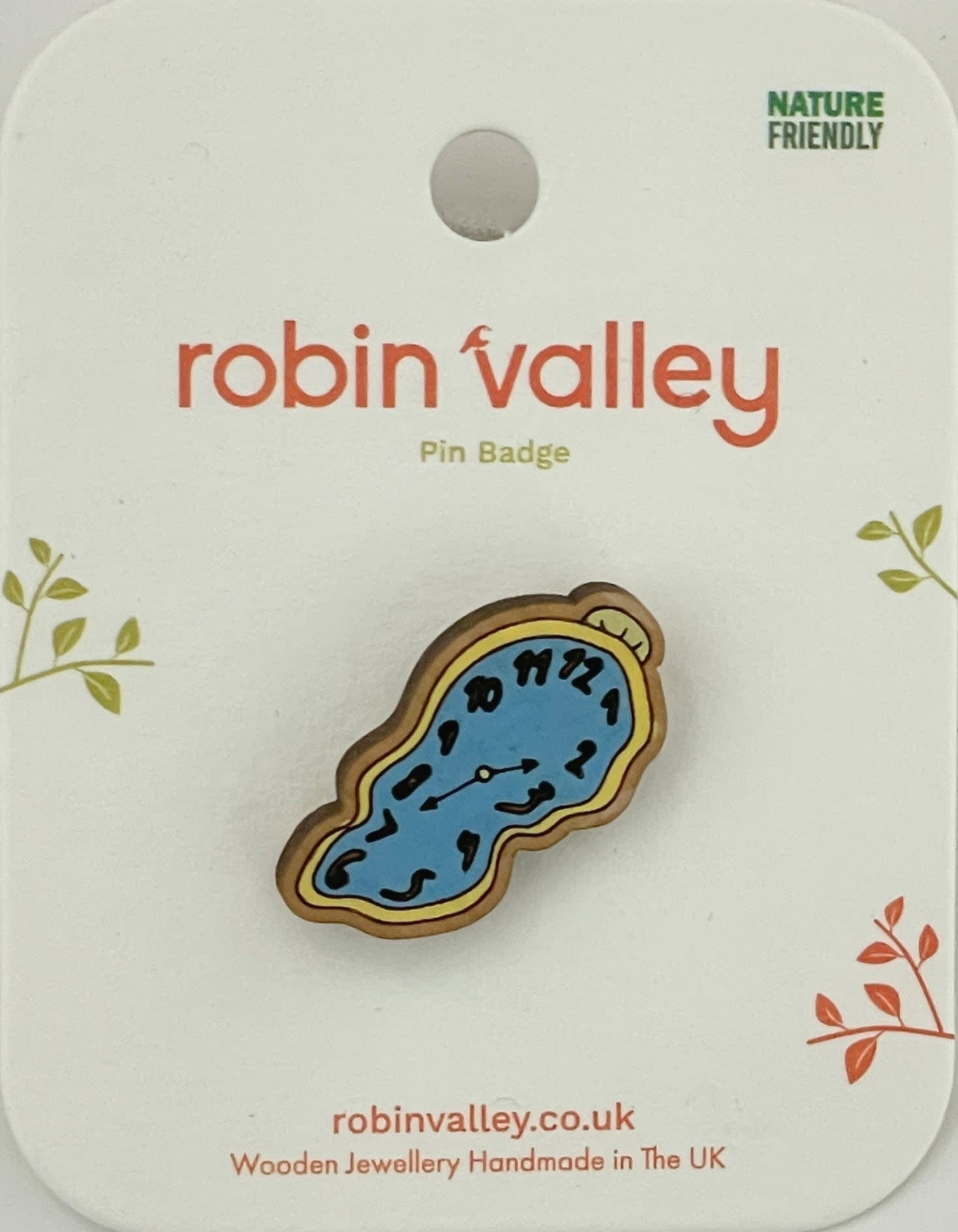 Melting Clock Cherry Wood Pin Badge - Water Street Gallery