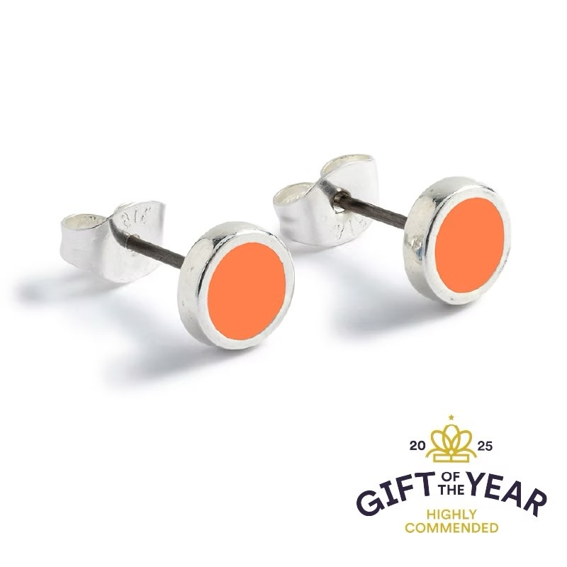 Bright Coral Silver & Enamel Round Stud Earrings 097 - Water Street Gallery
