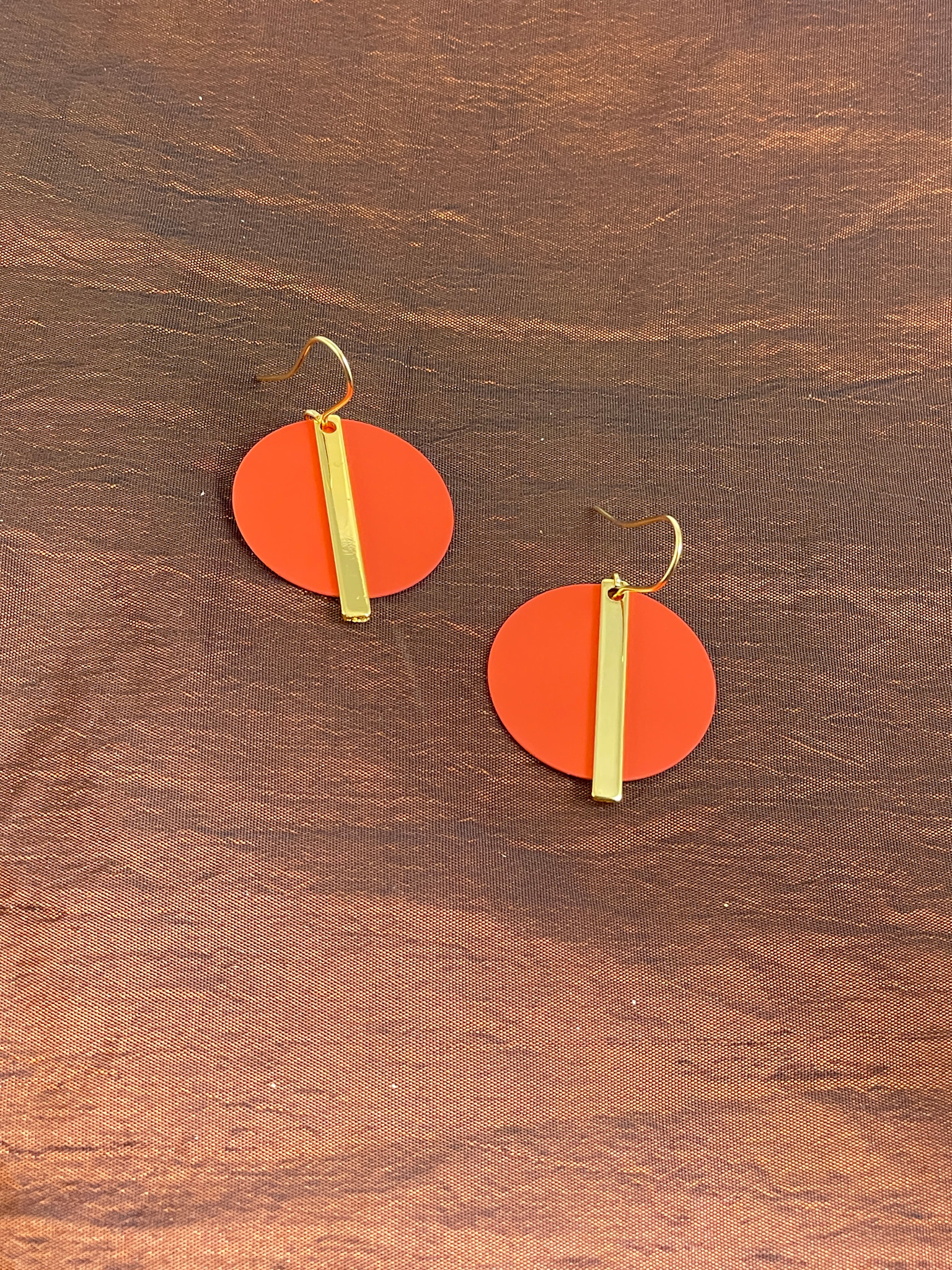 Copper Bee Gold Bar on Disc Drop Earrings Rust 59 - Water Street Gallery