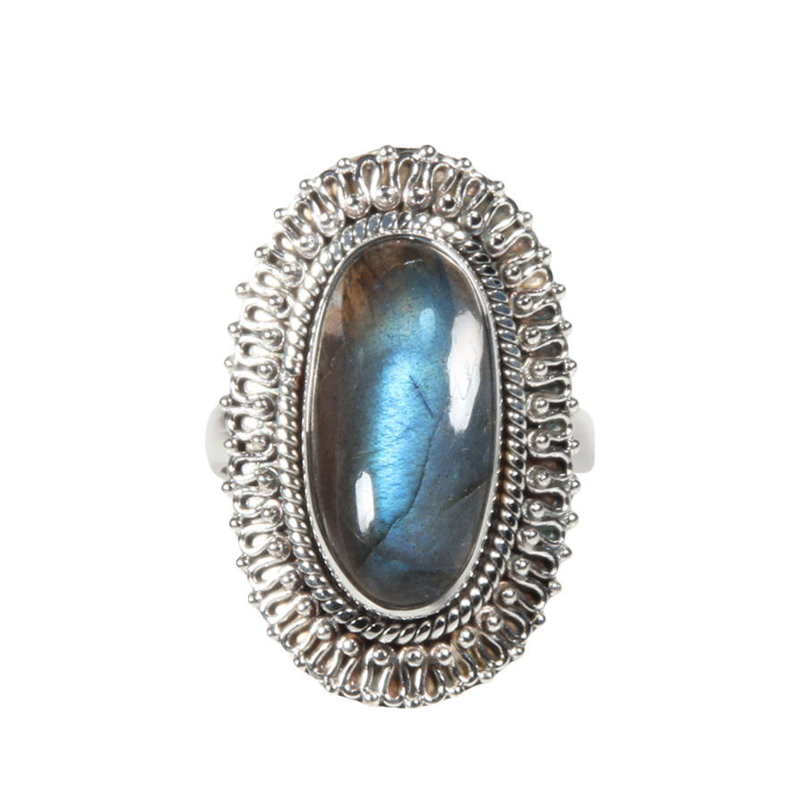 Zilveren ring labradoriet maat 18 | ovaal grote rand - Spiritual Garden