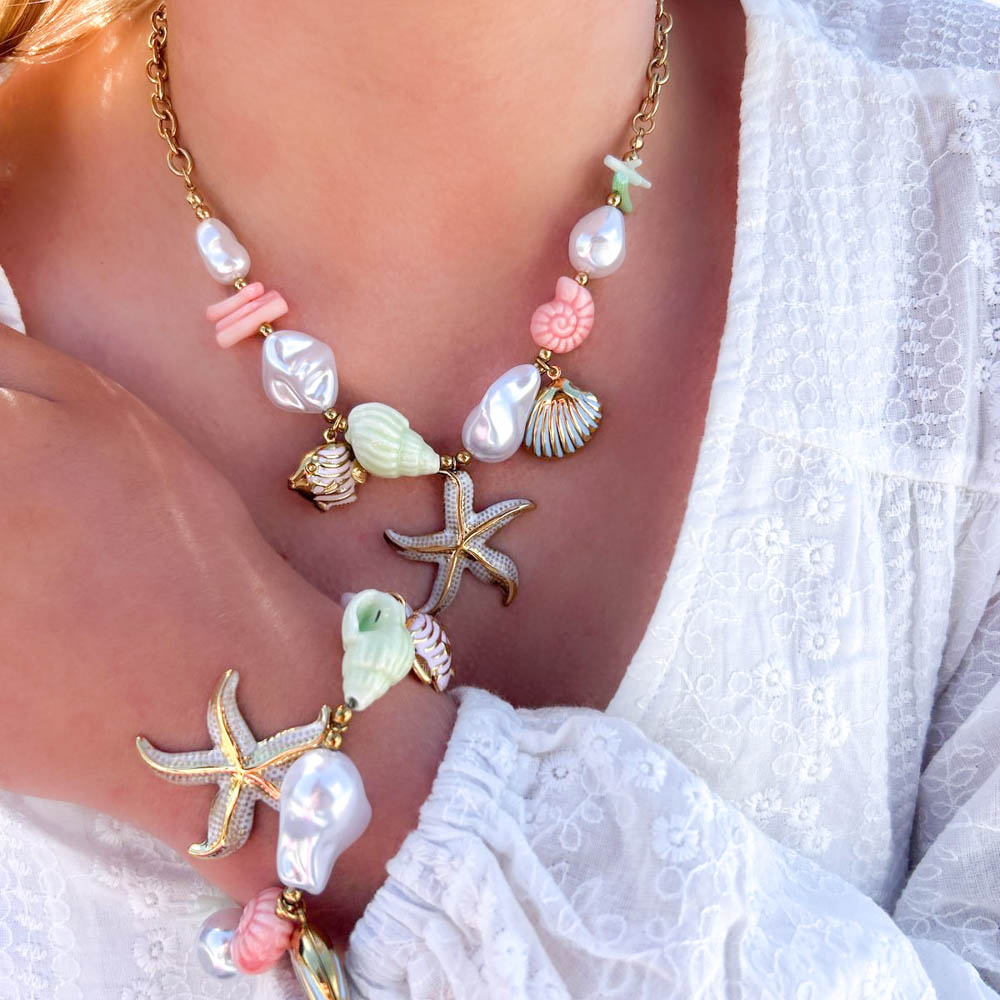 Zeester ketting en armband met schelpen, parels en zachte roze en mint ...
