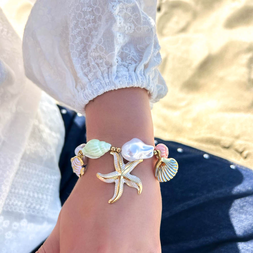 Zeester ketting en armband met schelpen, parels en zachte roze en mint ...
