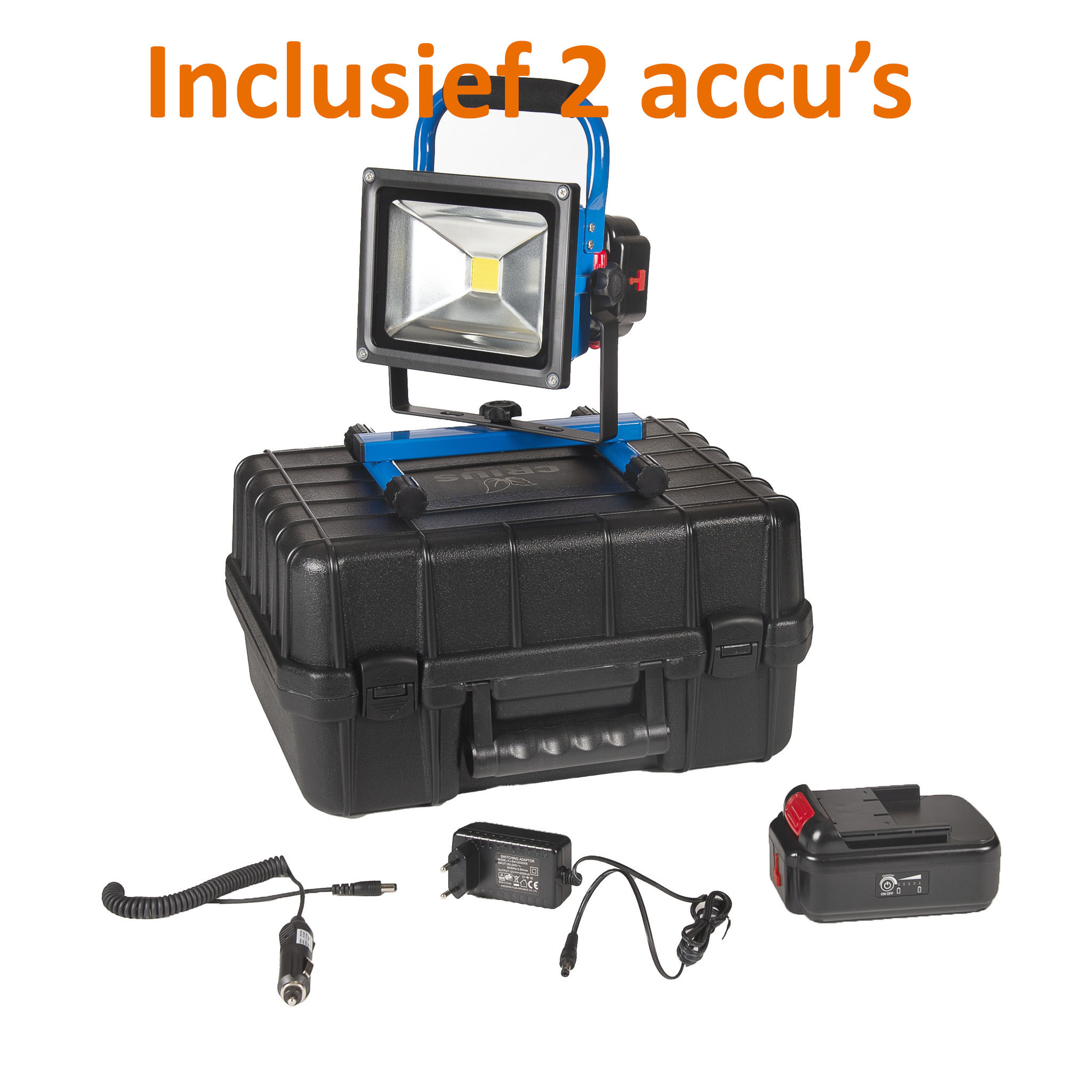 Oplaadbare LED Bouwlamp 20 Watt met 2 accu's en 2 adapters + koffer