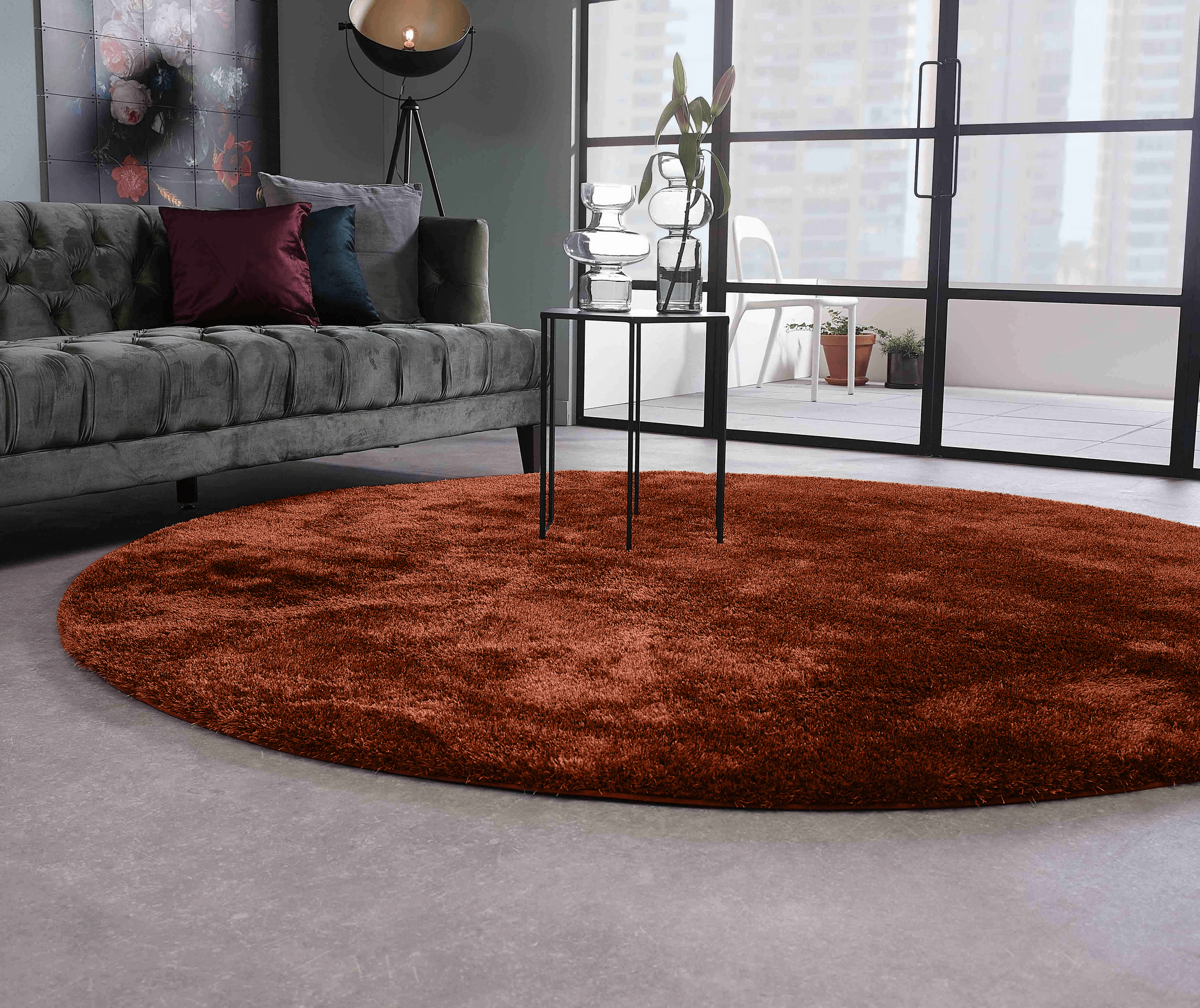 Rond hoogpolig vloerkleed in Terra/Oranje - Floorpassion.nl