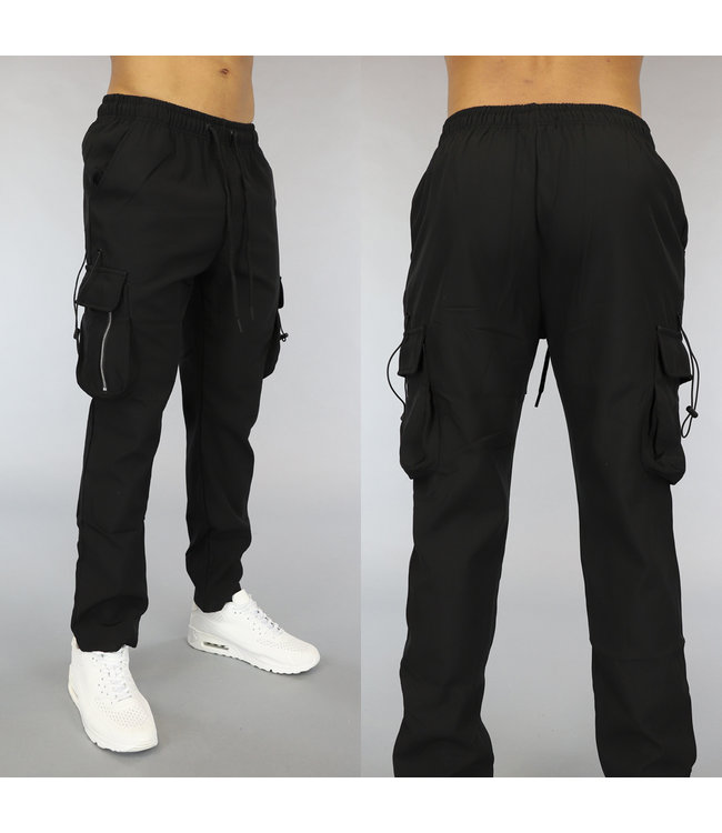 Zwarte Slim Fit Heren Cargo Broek met Zakken - Black-Leo.nl