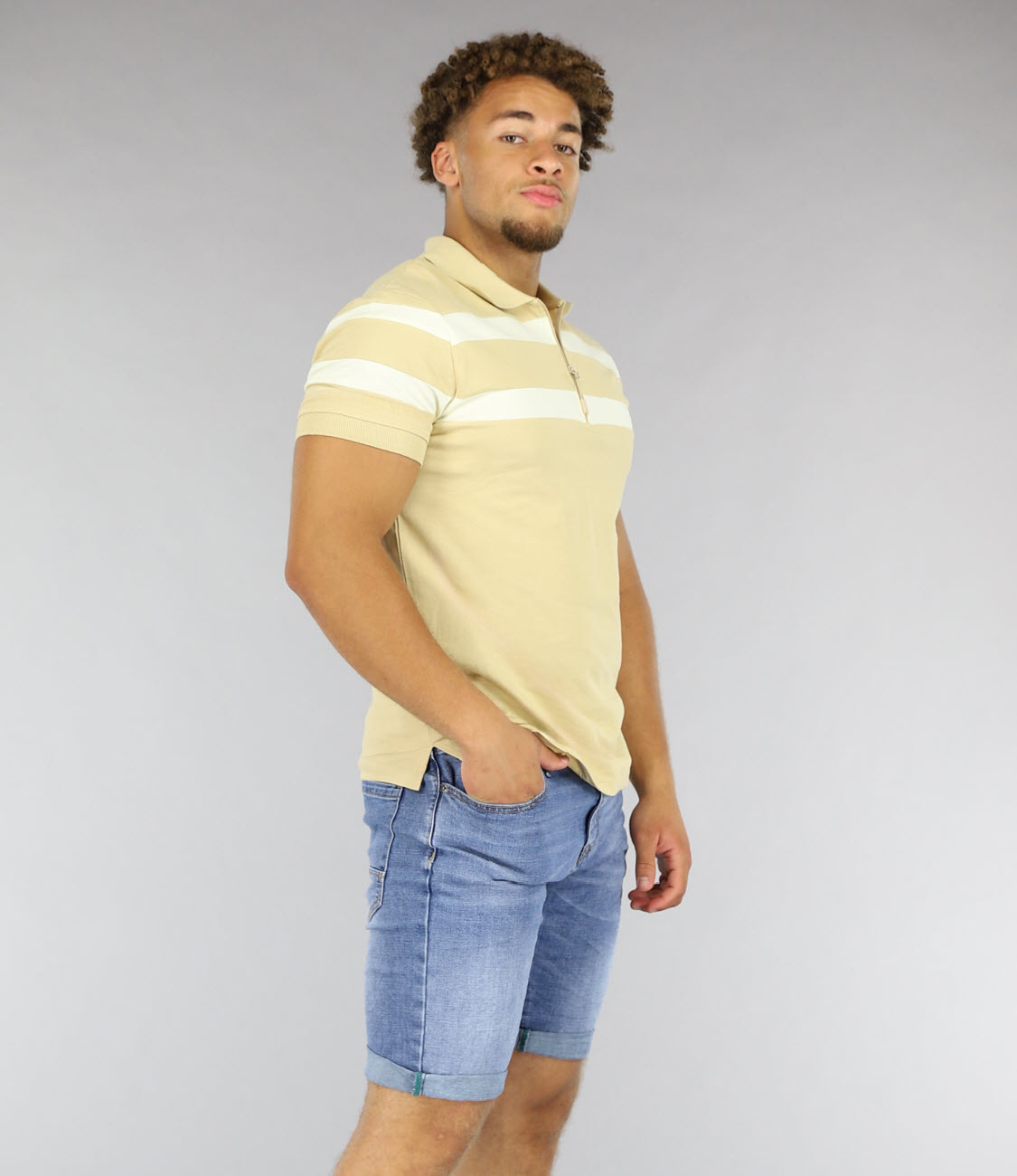 Beige Heren Polo met Witte Strepen - Black-Leo.nl