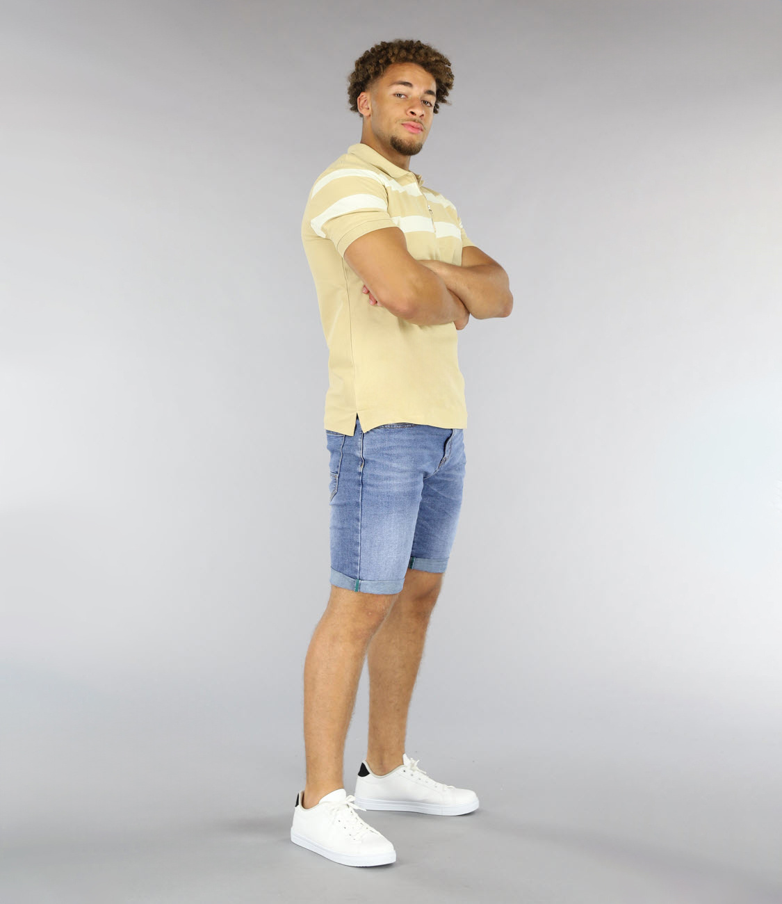 Beige Heren Polo met Witte Strepen - Black-Leo.nl