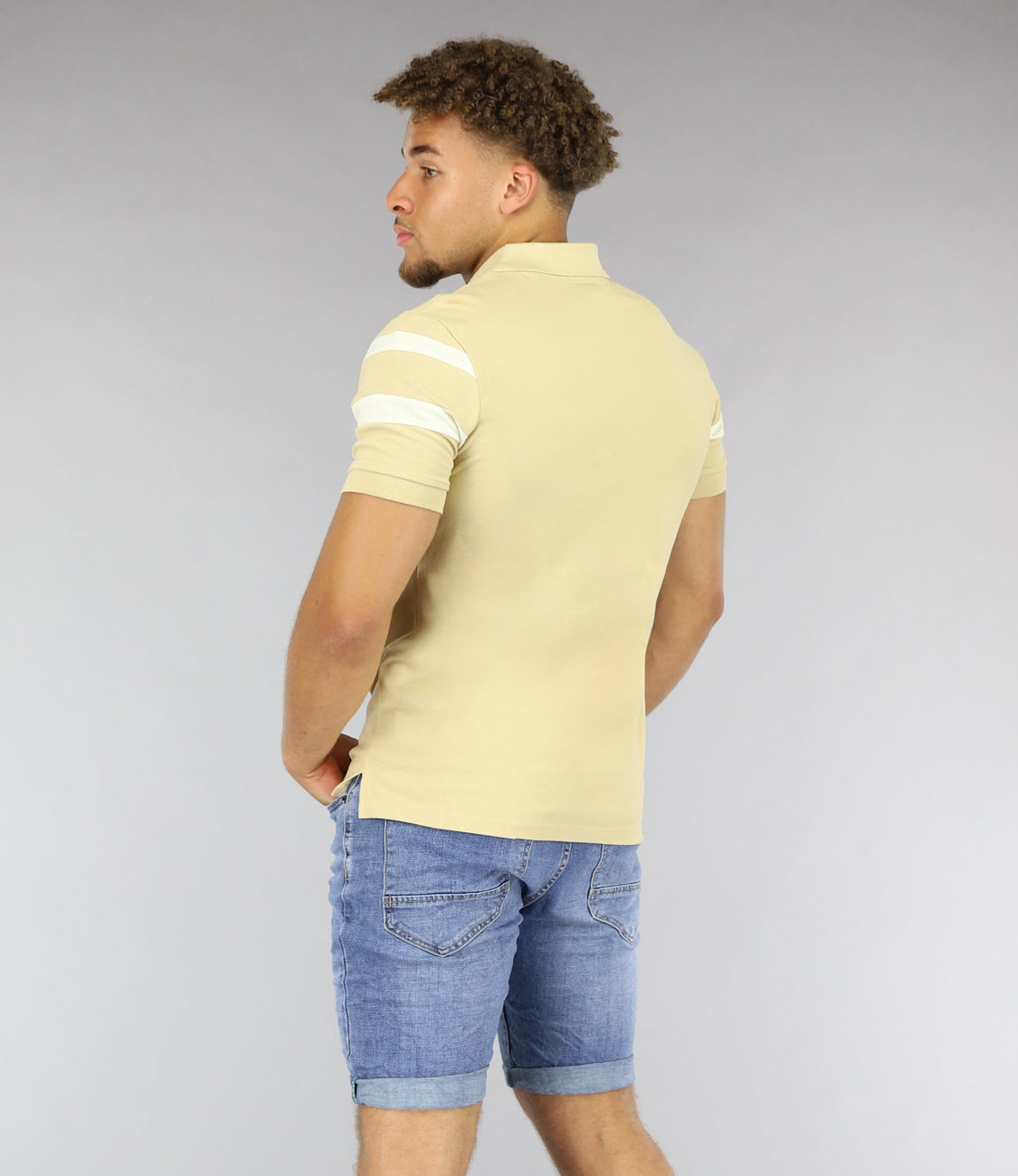 Beige Heren Polo met Witte Strepen - Black-Leo.nl