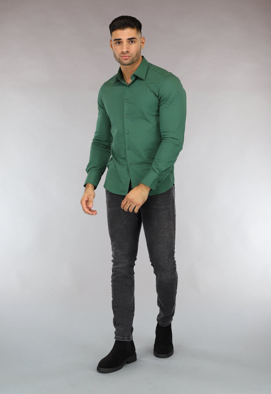 Groen Casual Slim Fit Heren Overhemd - Black-Leo.nl