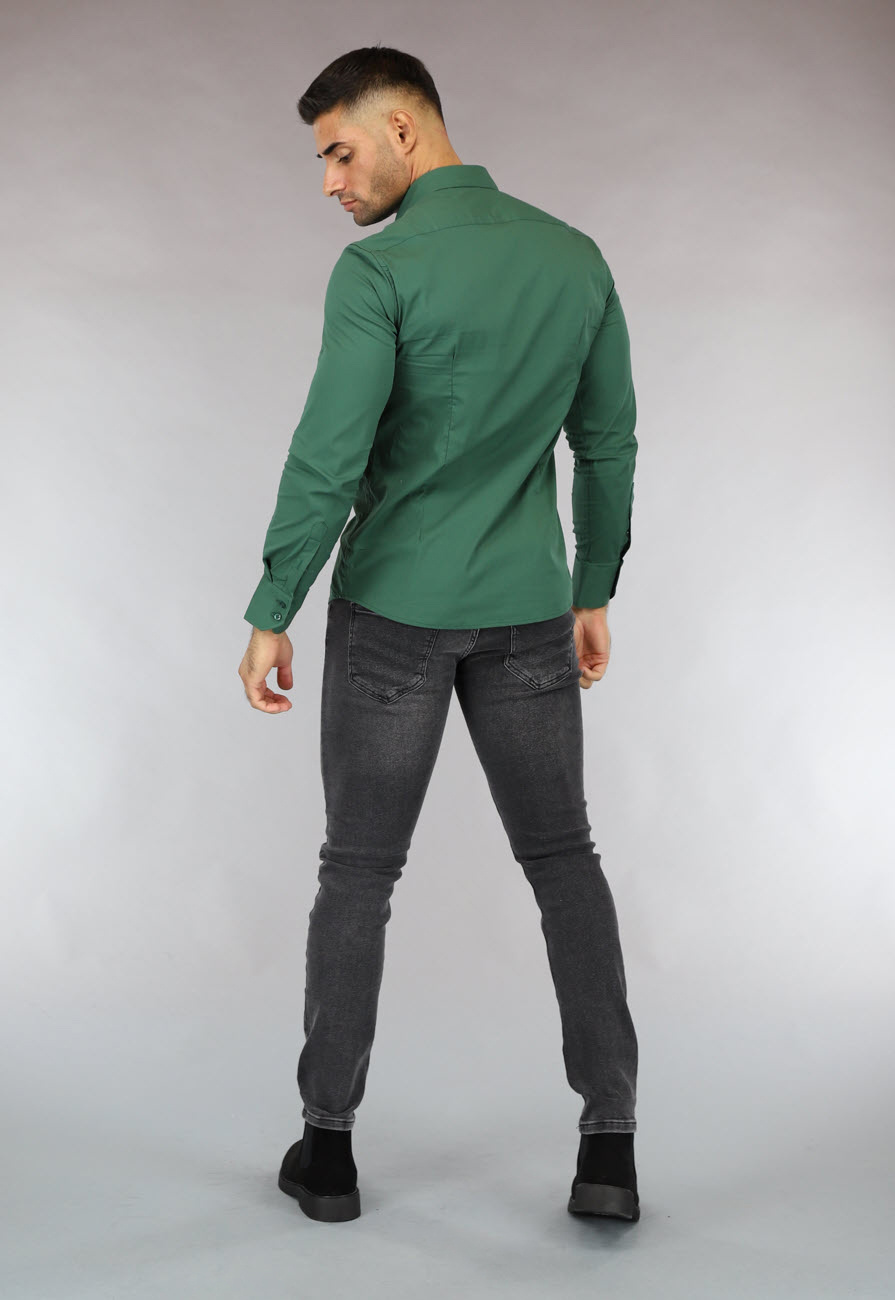 Groen Casual Slim Fit Heren Overhemd - Black-Leo.nl