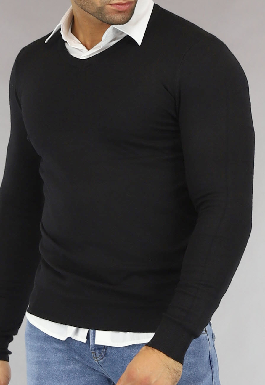 Zwarte Heren Pullover Trui met V Hals - Black-Leo.nl