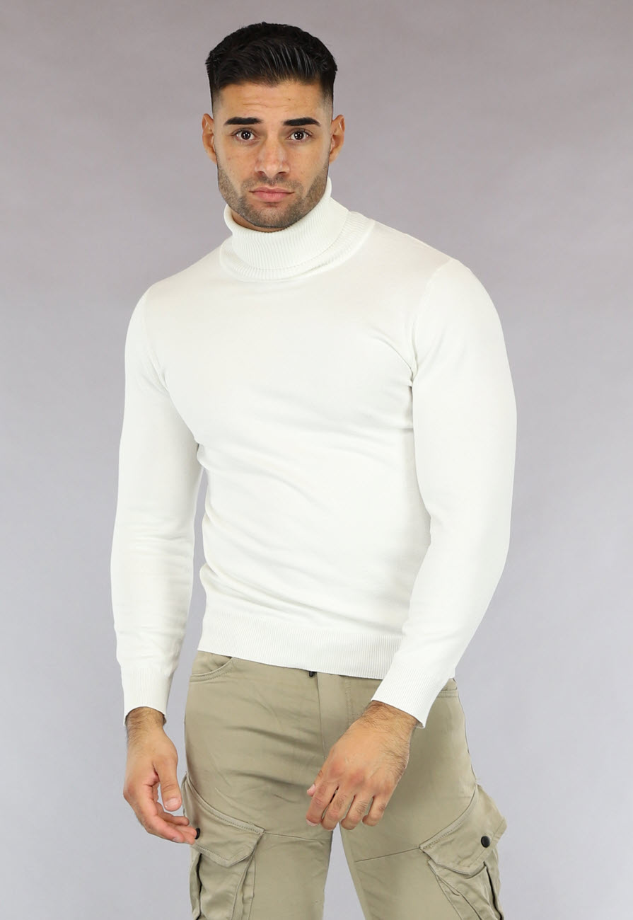 Basic Witte Heren Trui met Hoge Col - Black-Leo.nl