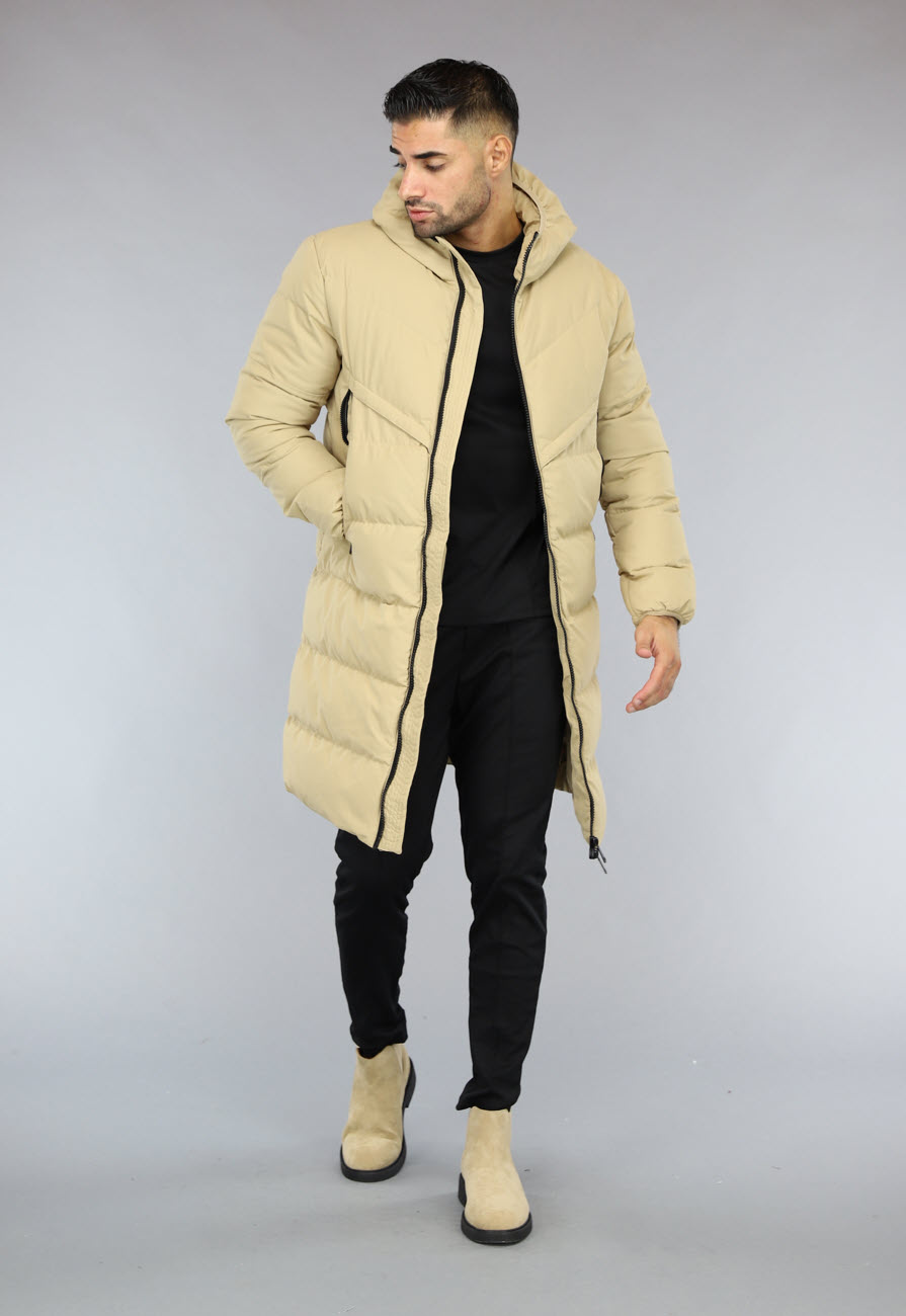 Goudbruine Lange Winterjas voor Mannen - Black-Leo.nl