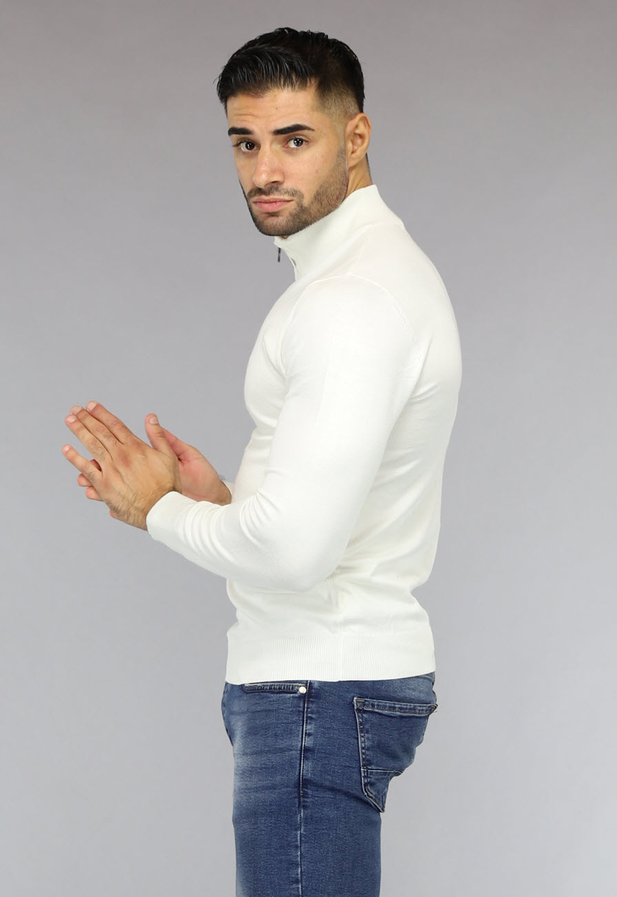 Witte Mannen Turtleneck Trui met Rits - Black-Leo.nl