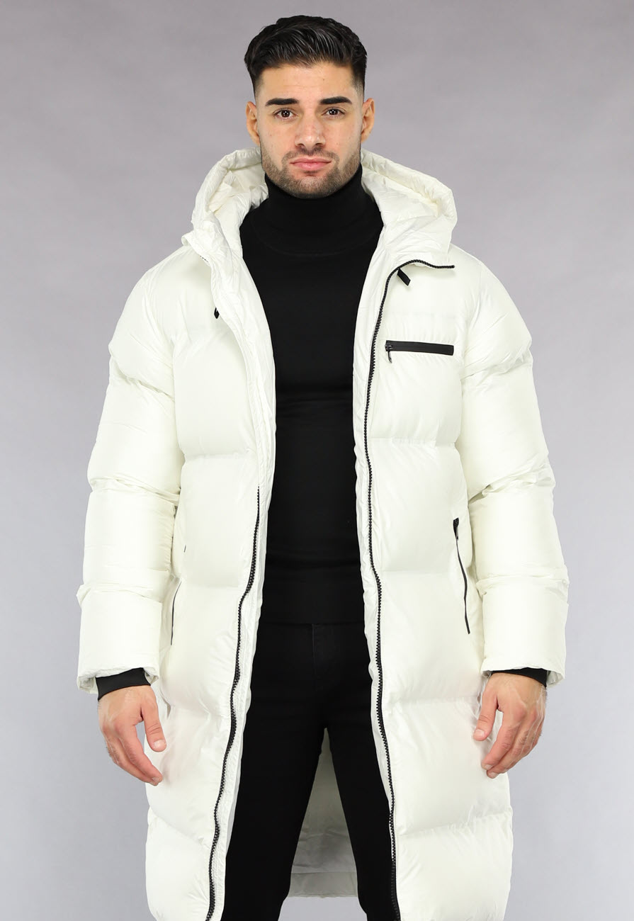 Lange Witte Gewatteerde Heren Winterjas - Black-Leo.nl