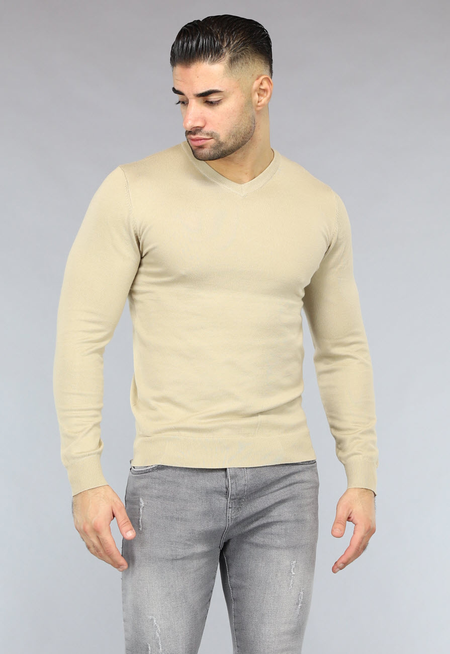 Gebreide Heren Pullover met V Hals in Beige - Black-Leo.nl