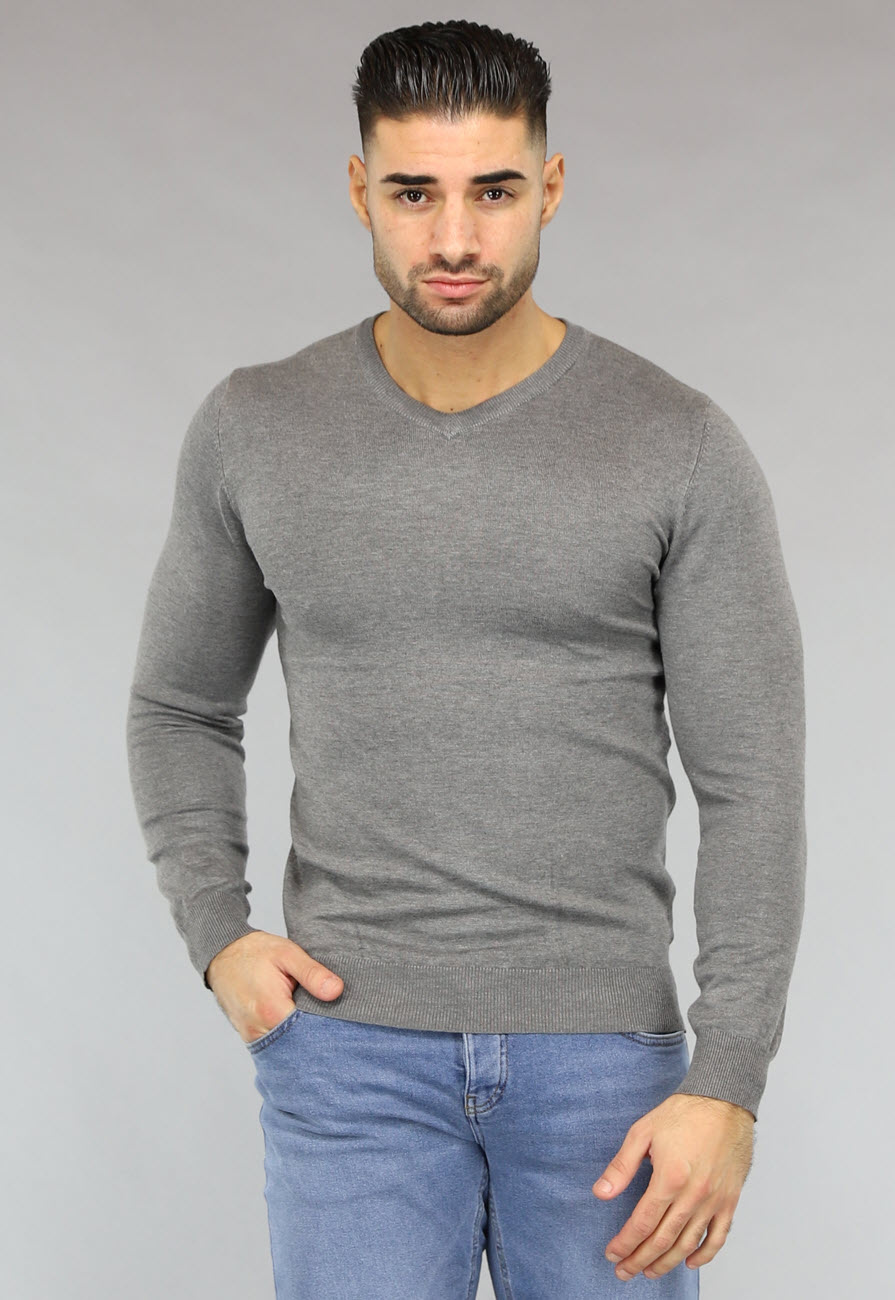 Gebreide Heren Pullover met V Hals in Grijs - Black-Leo.nl