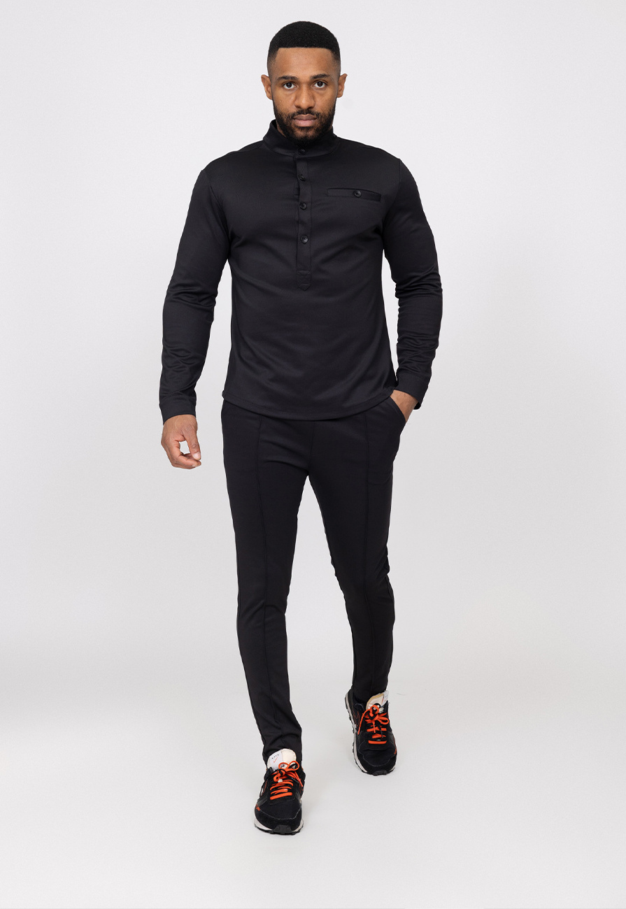 Zwart Heren Trainingspak met Knopen - Black-Leo.nl