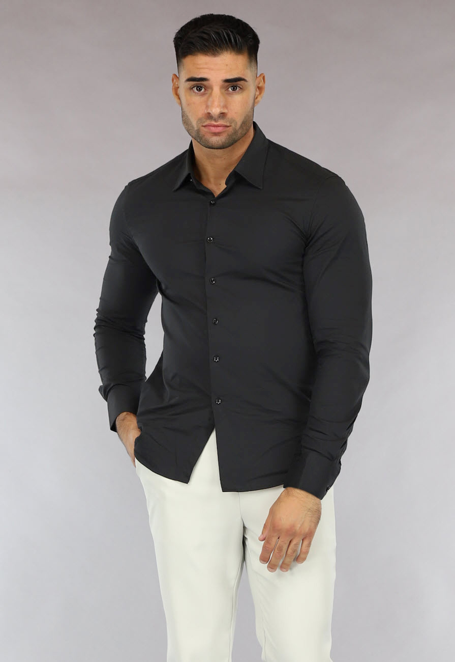 Slim Fit Overhemd Heren Zwart met Stretch - Black-Leo.nl