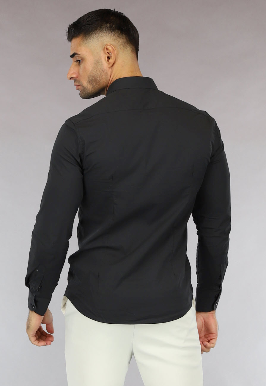 Slim Fit Overhemd Heren Zwart met Stretch - Black-Leo.nl