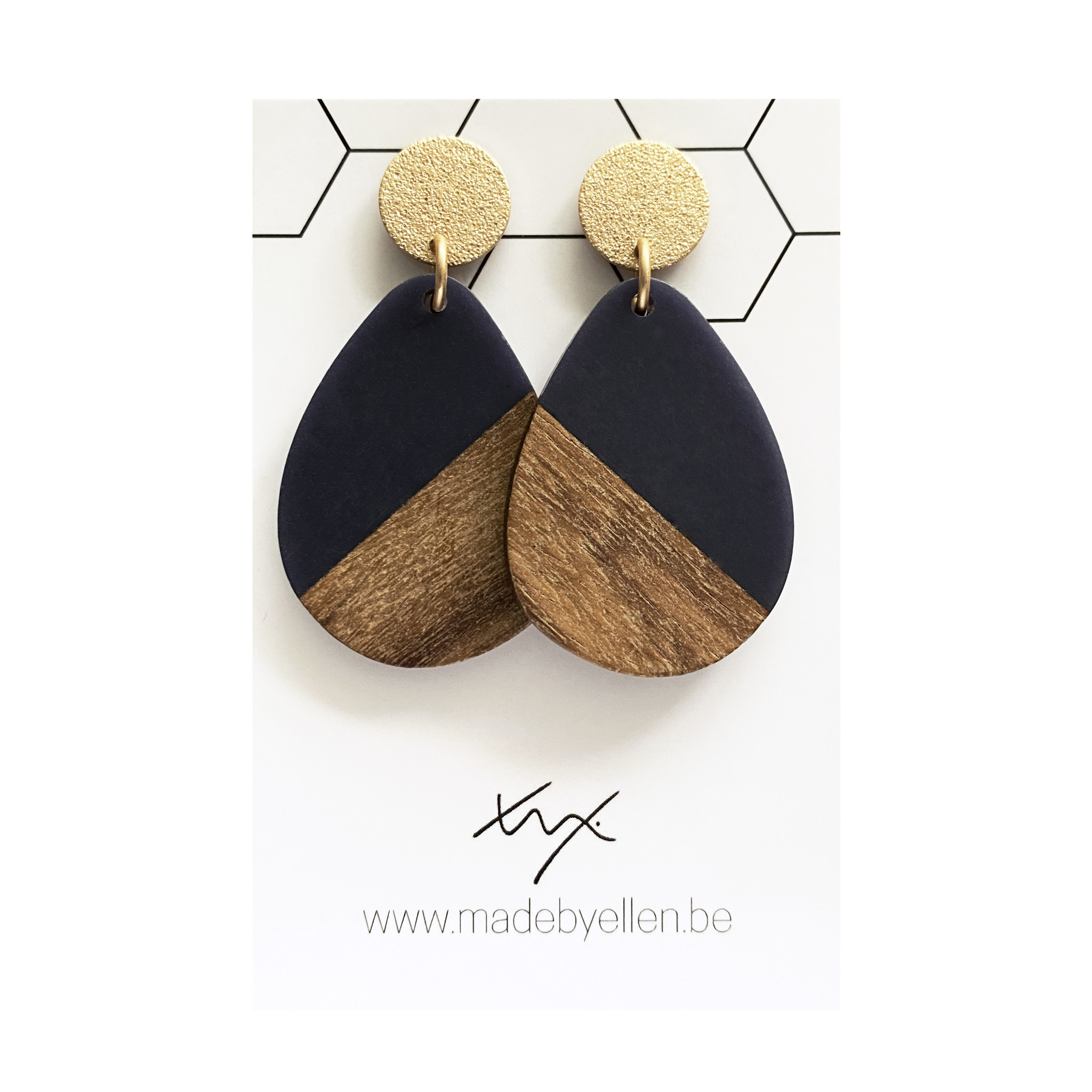 oorbEllen hars&hout druppel blauwzwart - Made by e l l e n
