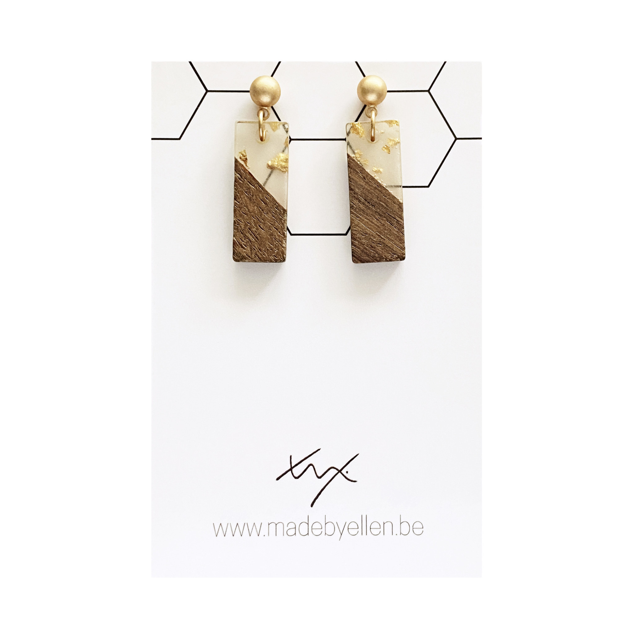 oorbEllen hars&hout rechthoekje goud - Made by e l l e n
