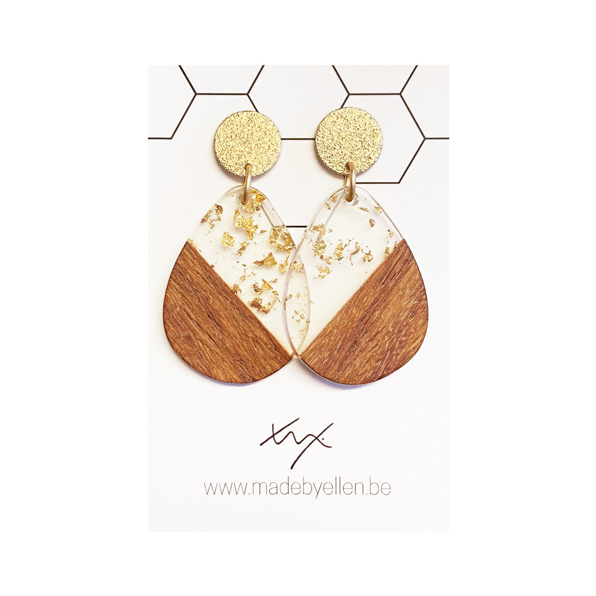 oorbEllen hars&hout druppel transparant goud - Made by e l l e n