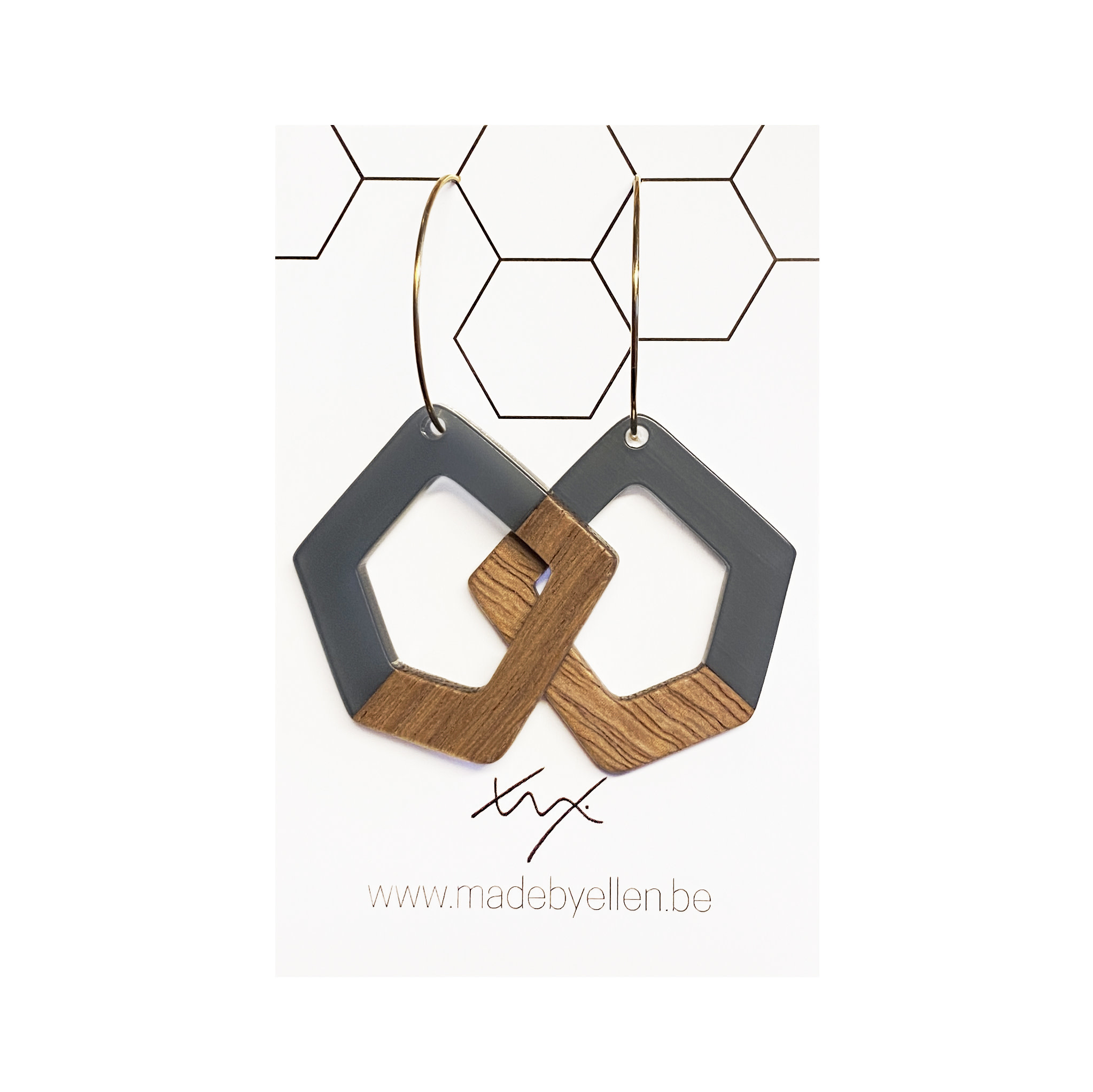 oorbEllen hars&hout vijfhoek blauw creolen - Made by e l l e n