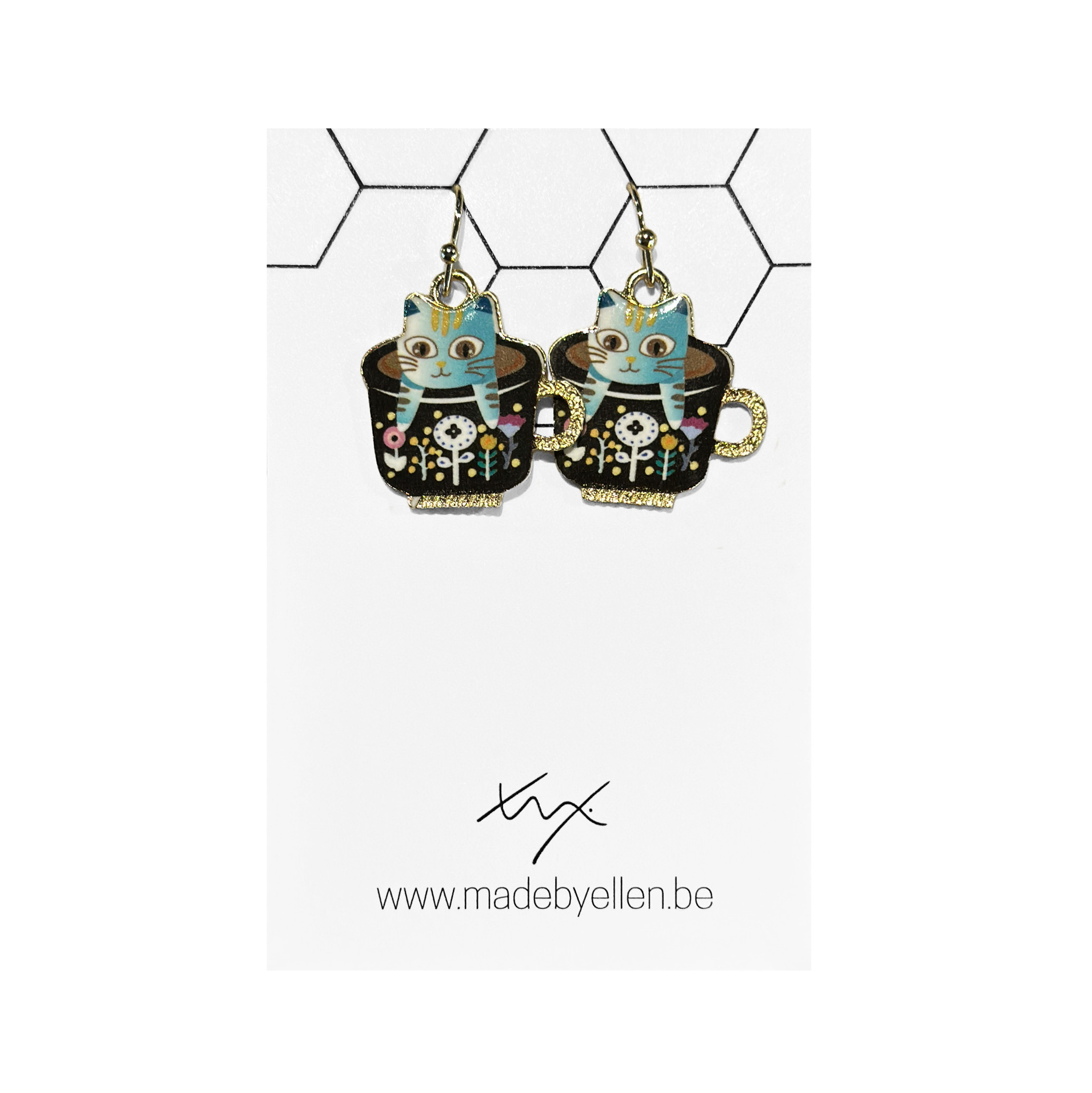 Hangers kat in kopje turquoise - Made by e l l e n