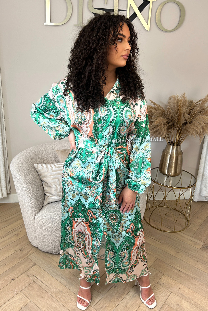 GREEN - 'MEDINA' - DUBAI INSPIRED SATIN MAXI BLOUSE DRESS - DISINO ...
