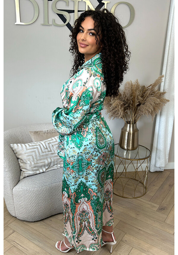 GREEN - 'MEDINA' - DUBAI INSPIRED SATIN MAXI BLOUSE DRESS - DISINO ...